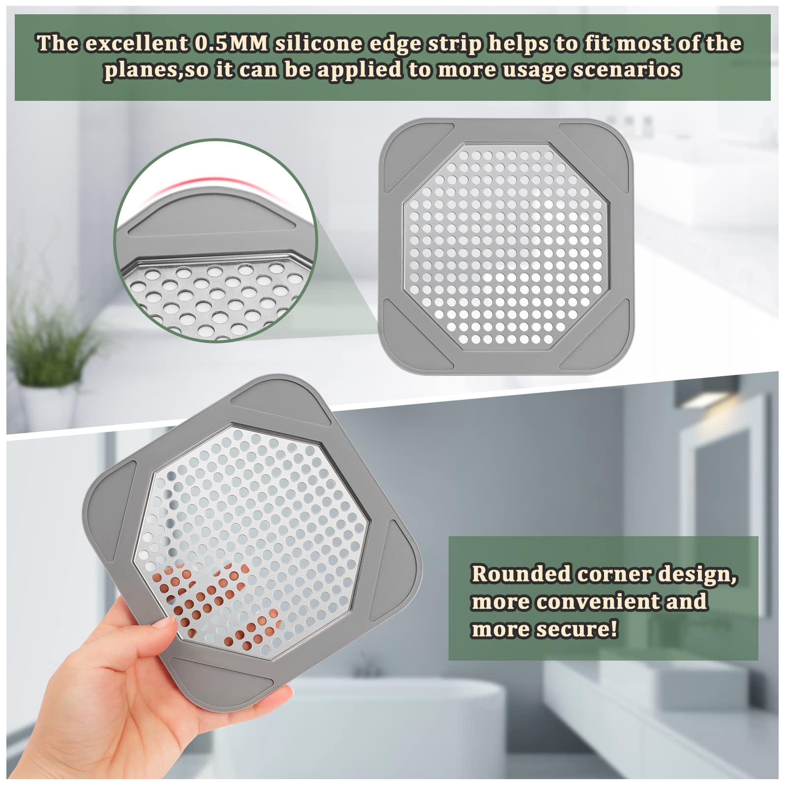 Shower Drain Hair Catcher 5.7-inch Square Drain Cover Protector Hair Stopper Trap Flat Strainer,Easy to Install,Suit for Bathroom Floor Drain,Stainless Steel and Silicone