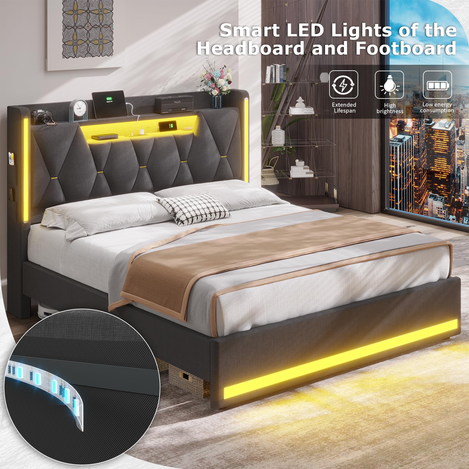 BYSAUD King Size Storage Bed Frame with Hidden Space and 2-Tier Shelves,King Bed Frame with Heaboard,King Size Bed Frame with LED Lights,Charging Station,No Box Spring Needed,Dark Gray,Linen Cloth