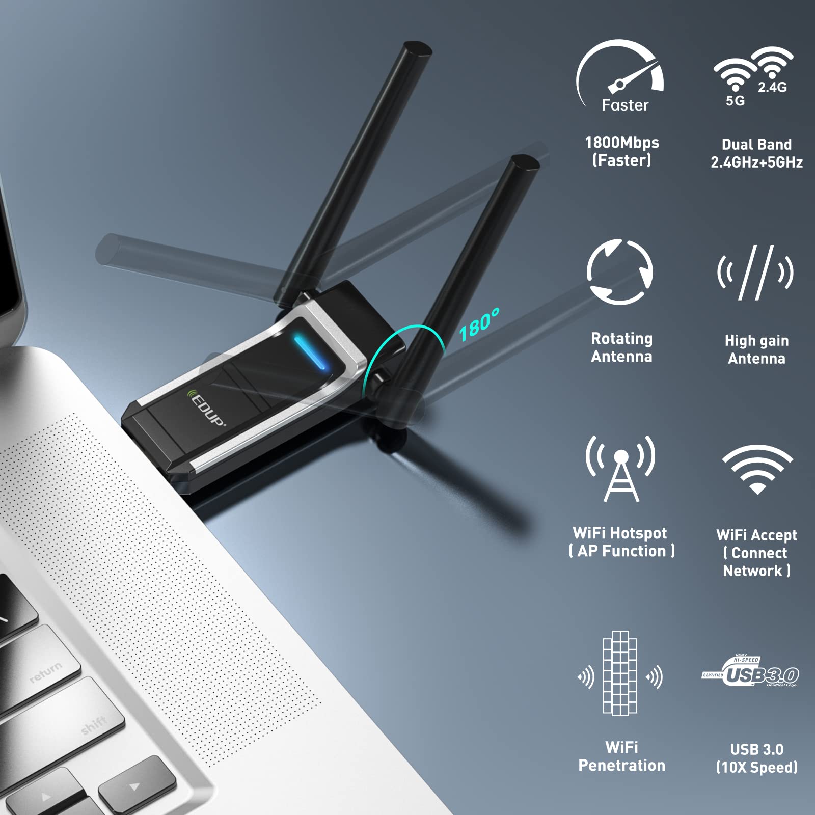 EDUP USB 3.0 WiFi Adapter AC 1300Mbps Long Range High Gain Dual Band Antennas 5.8Ghz/2.4Ghz Wireless Network Adapters for Desktop PC Laptop Support Windows 11/10/8.1/8/7/XP/Vista/Mac 10. 6-10.15