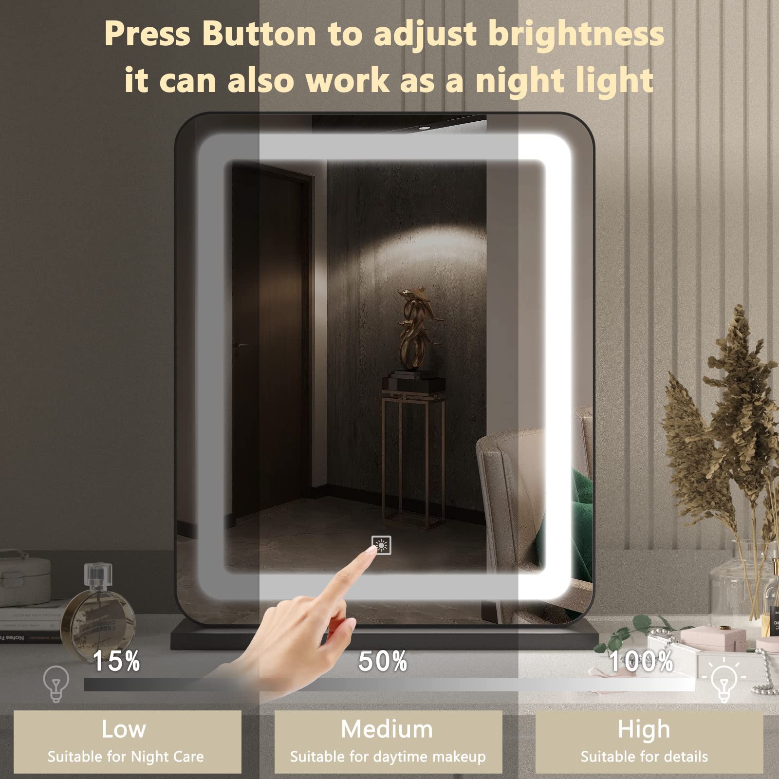 BARMI Vanity Mirror with Lights,18"x22" Lighting Dimmable LED Mirror, 3 Color Lighting Modes, Tabletop Vanity Makeup Mirror Smart Touch Control (Black)