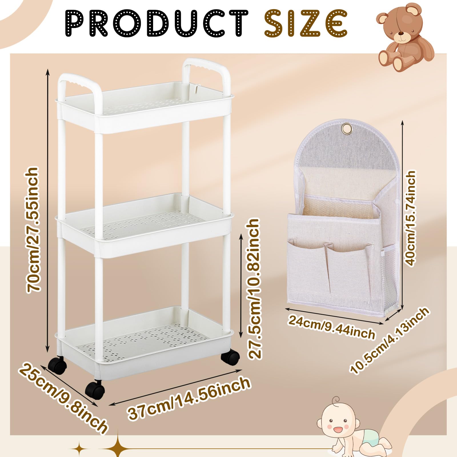 Barydat Baby Diaper Cart with Wheels and Handle 3 Tier Rolling Cart Diaper Organizer with Hanging Diaper Stacker Nursery Caddy Baby Organizer for Storage Baby Clothes, Wipes, Bibs, Changing Table Mats