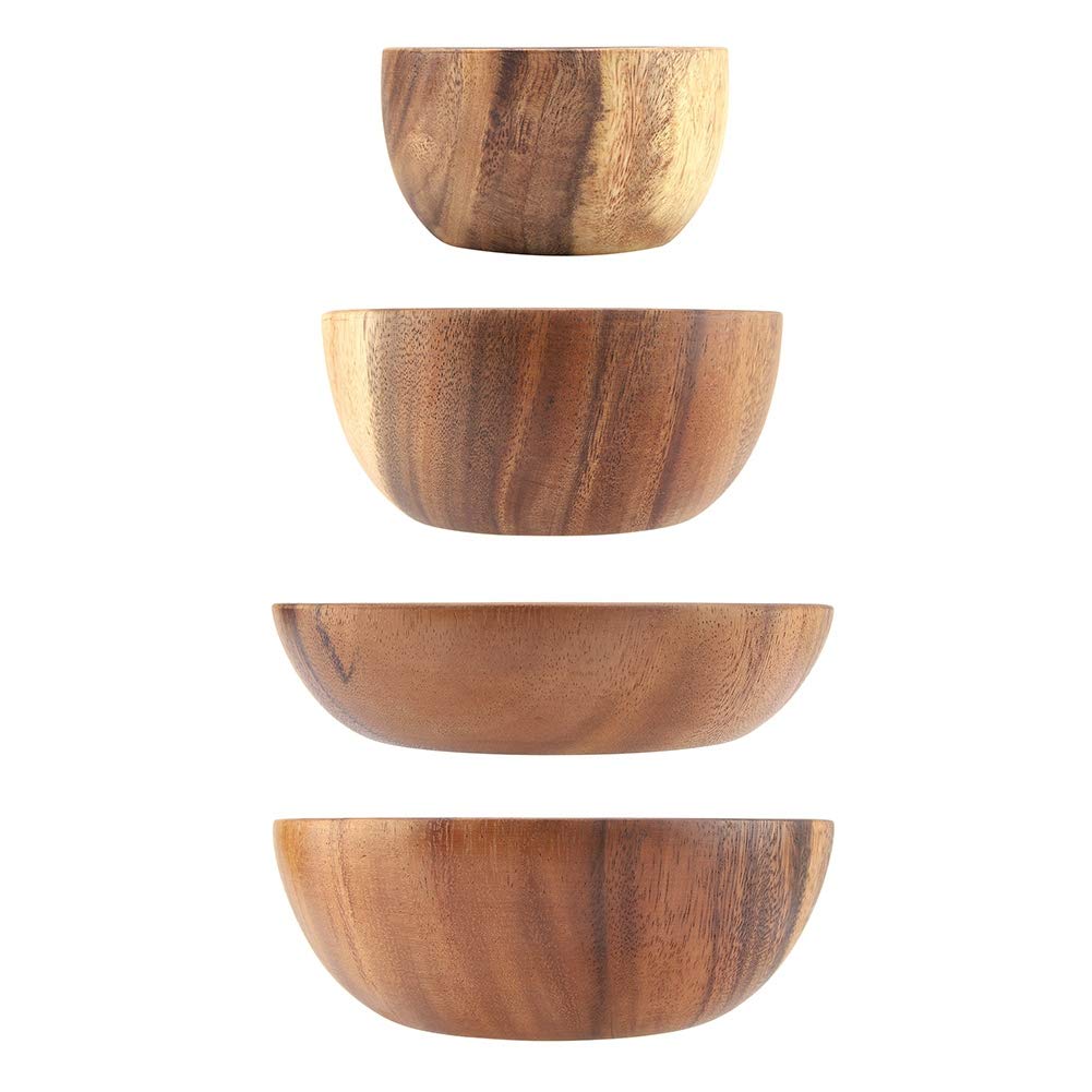 Bowl,Solid Acacia Wooden Bowl Wooden Hand-Carved Round Bowl Kitchen Tools For Salad Soup Rice Cereal Fruit Dips Sauce Nuts Appetizers Desserts(13 * 7cm)