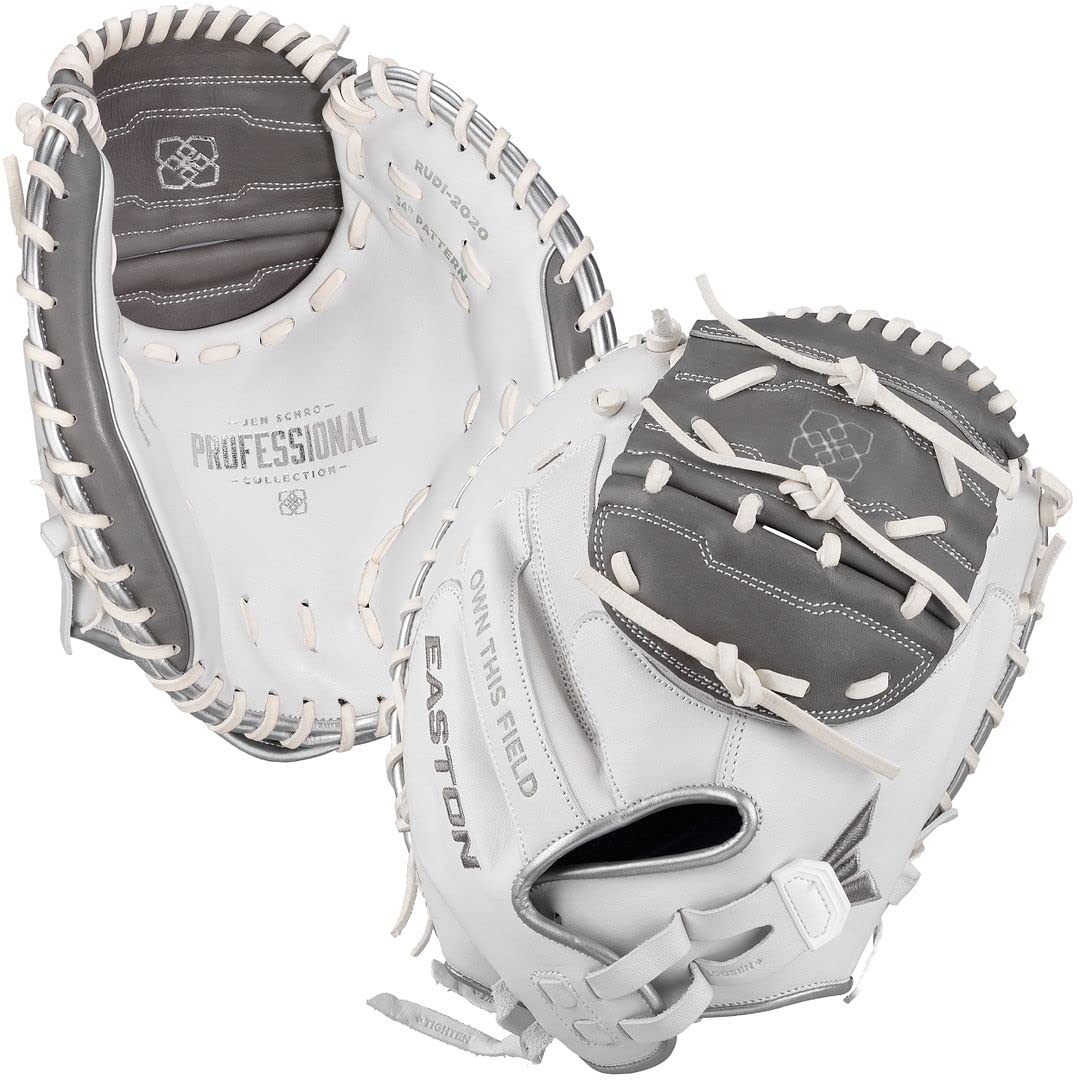 Easton | PROFESSIONAL COLLECTION SIGNATURE SERIES Fastpitch Softball Catcher's Glove | Jen Schroeder Model | 34" | 2-Piece Solid Web | Right Hand Throw | White / Grey