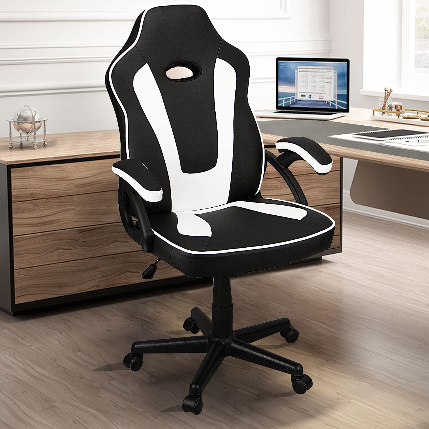 Ninecer Ergonomic Gaming Chair Cheap, Racing Style High Back Office Chair Computer Chair, PU Material with Padded Armrests and Height Adjustment Video Game Chair (White)…