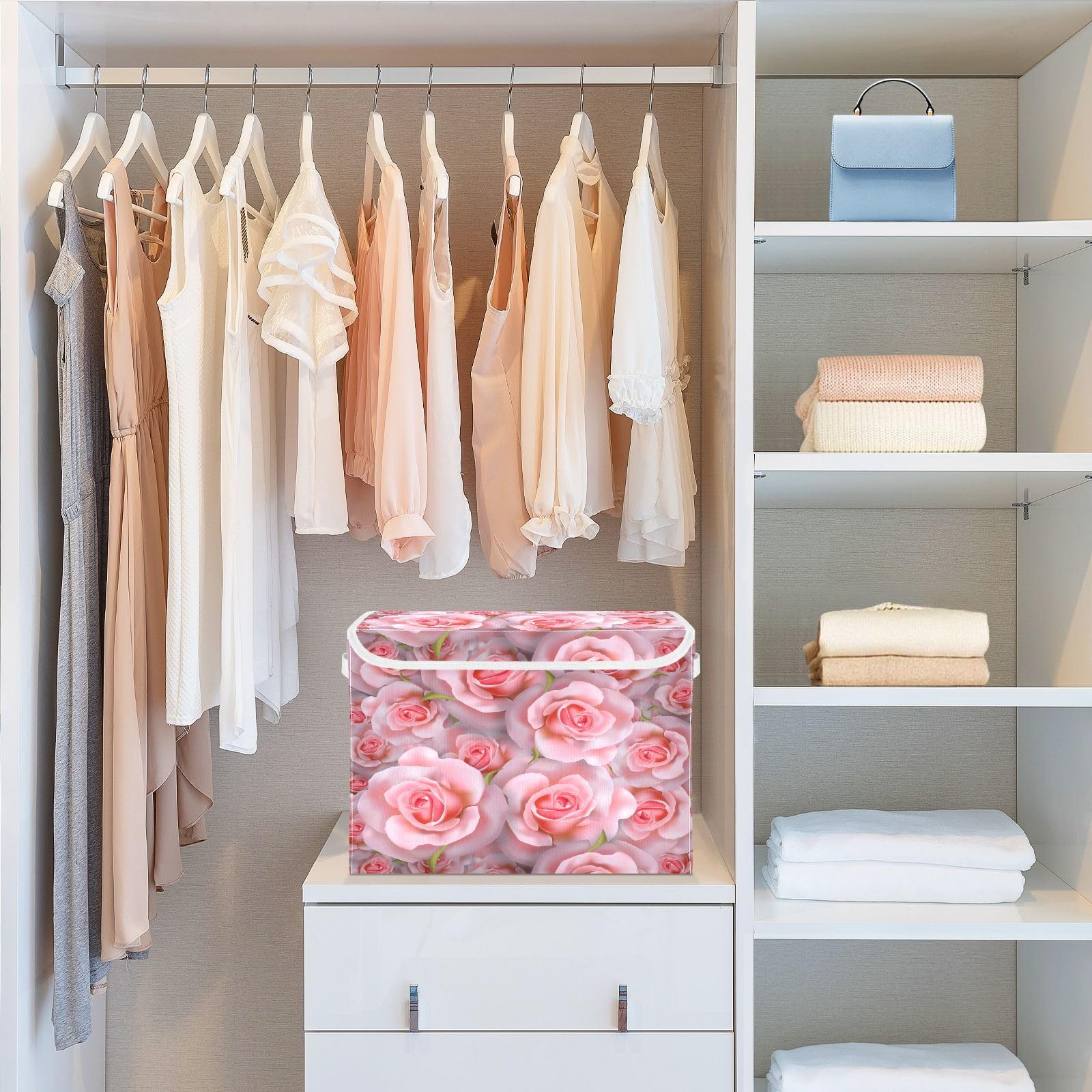 DIGTIA Pink Roses Storage Bins with Lids Large Valentines Day Flower Storage Basket with Handles Foldable Fabric Storage Box Organizer for Clothes Toys Closet Cabinet Home Office Bedroom