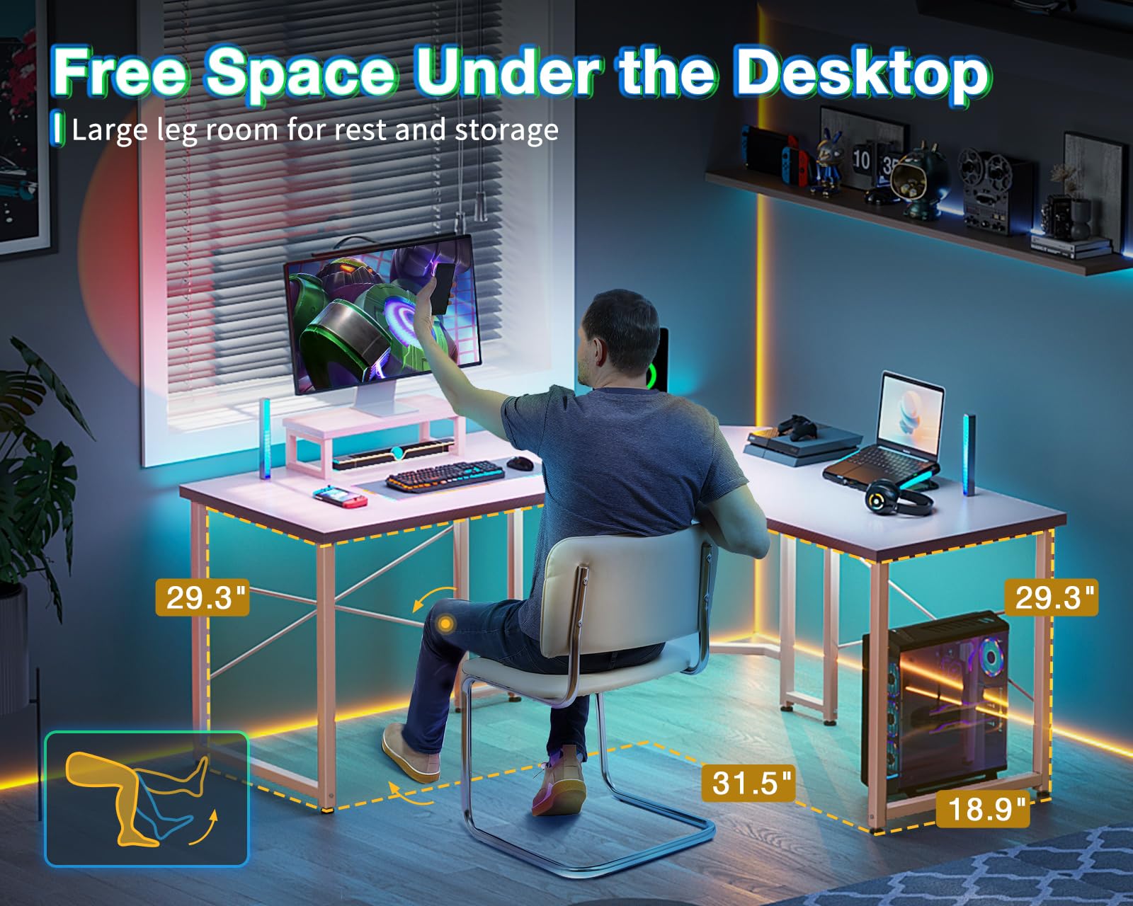 AODK L Shaped Gaming Desk, Computer Corner Desk, PC Gaming Desk Table with Large Monitor Riser Stand for Home Office Sturdy Writing Workstation,51 * 19 inch,Pink