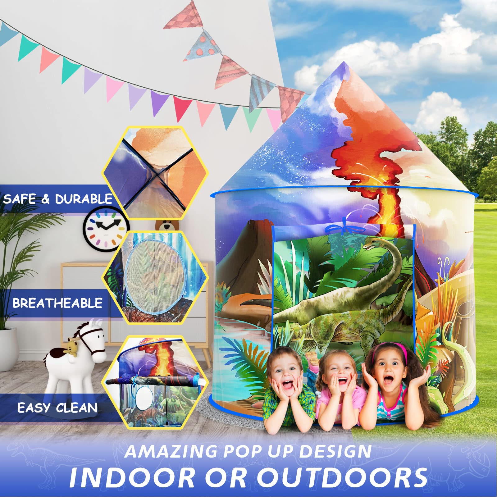 Dinosaur Play Tent for Kids - Pop Up Adventure Tent for Indoor and Outdoor Play