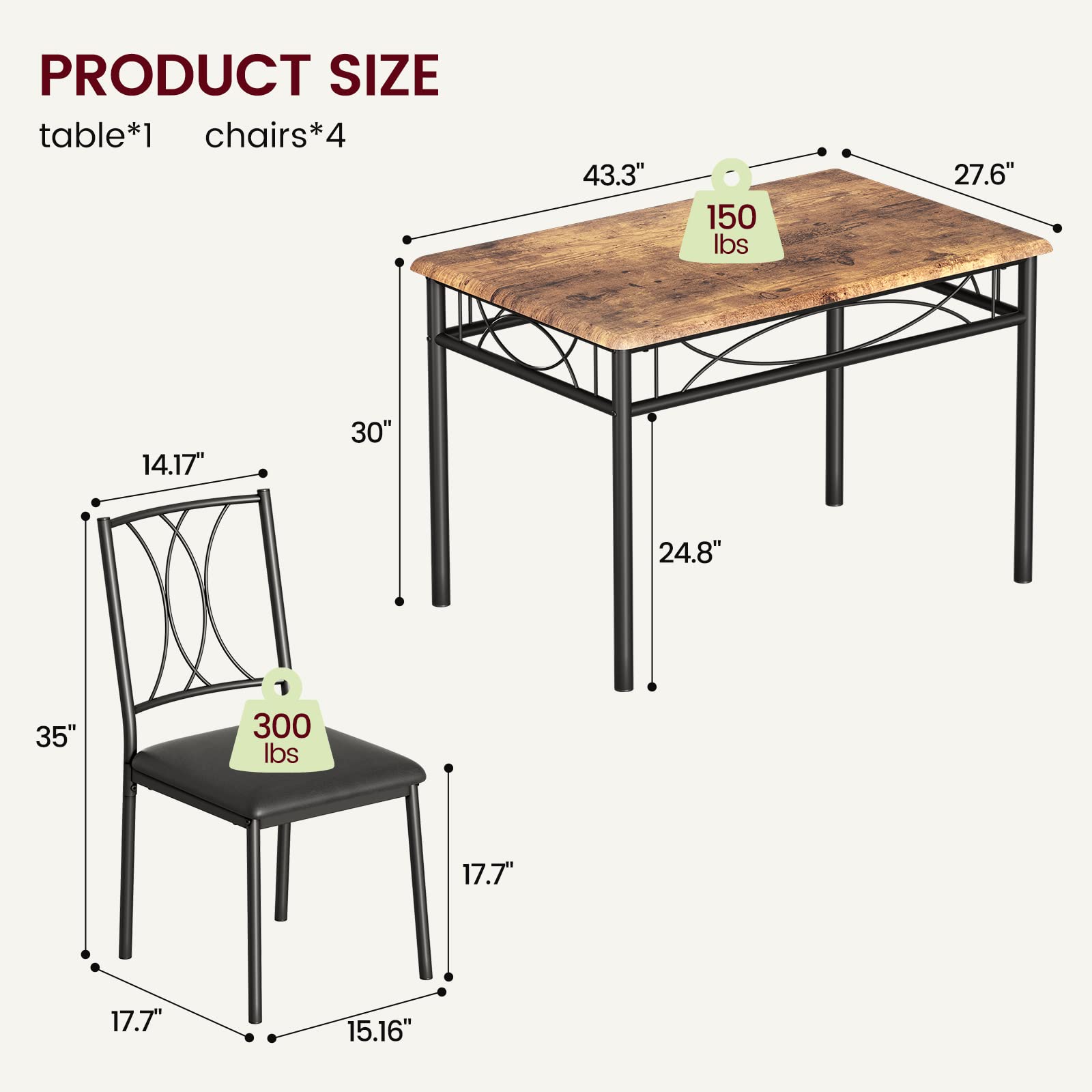 CABIHOME Dining Table Set, 5 Piece Dining Table Set for 4, Rectangle Kitchen Table Set with 4 Upholstered Chairs, Dining Table Set for Small Space, Apartment, Retro Brown