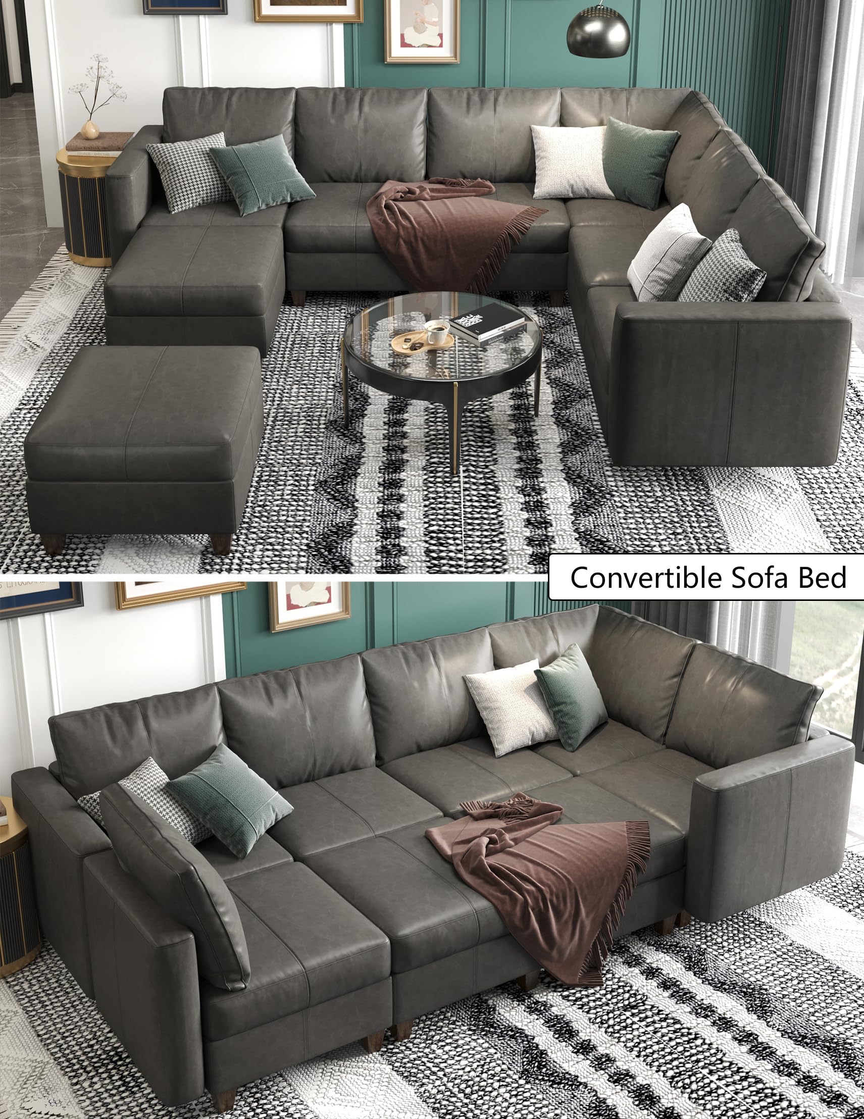 EASE MOOSE Modular Sectional Sofa with Storage, U Shaped Sectional Faux Leather Sectional Couch Large Sectional Sofa, Grey