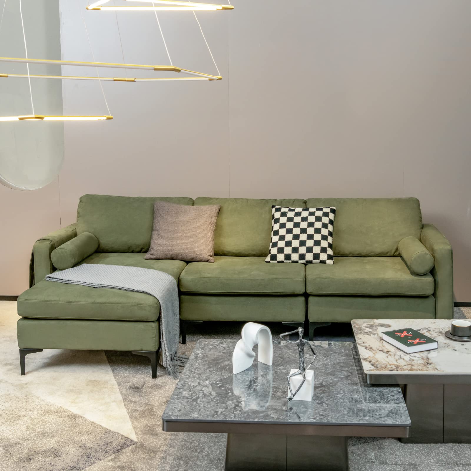 Giantex 97" Large Couch, 3 Seat Sectional Sofa Set, L-Shaped Modular Sleeper with Convertible Chaise Lounge, USB Ports, 3-Hole Socket, Storage Box, 2 Bolsters, Family Apartment Living Room, Green