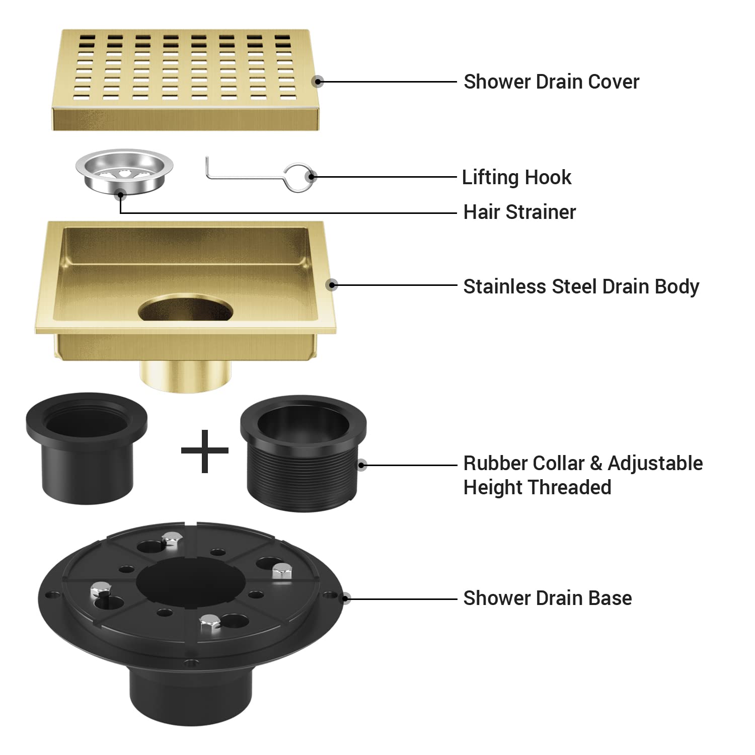 Bmvlffs Square Shower Floor Drain 6 Inch Brushed Gold, SUS 304 Stainless Steel with Flange, Removable Cover Quadrato Patten Grate, Includes Hair Strainer