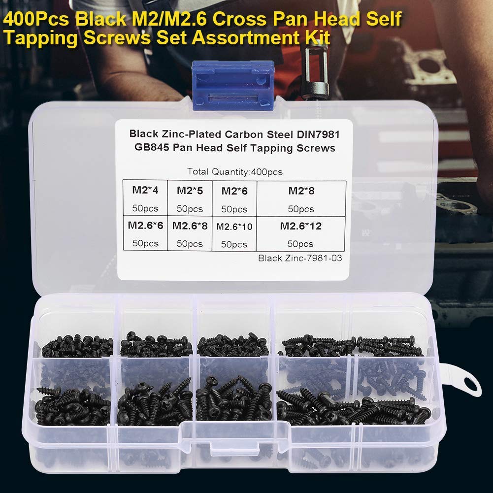 Black Self Tapping Screws,400Pcs Stainless Steel/Micro/Tiny/Mini Self-Tapping Screws, M2/M2.6 Phillips Pan Head Screws Kit for Laptop Computer Repair,Cross Recessed Wood Screws.