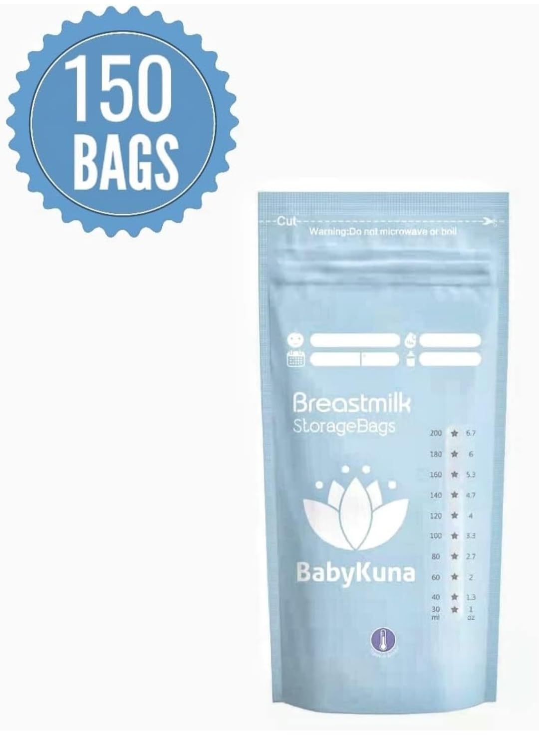 BabyKuna Breastmilk Storage Bags, 150 count, 8oz 200ML, Self Standing, BPA , Leak proof, Pre-sealed, (D-120)