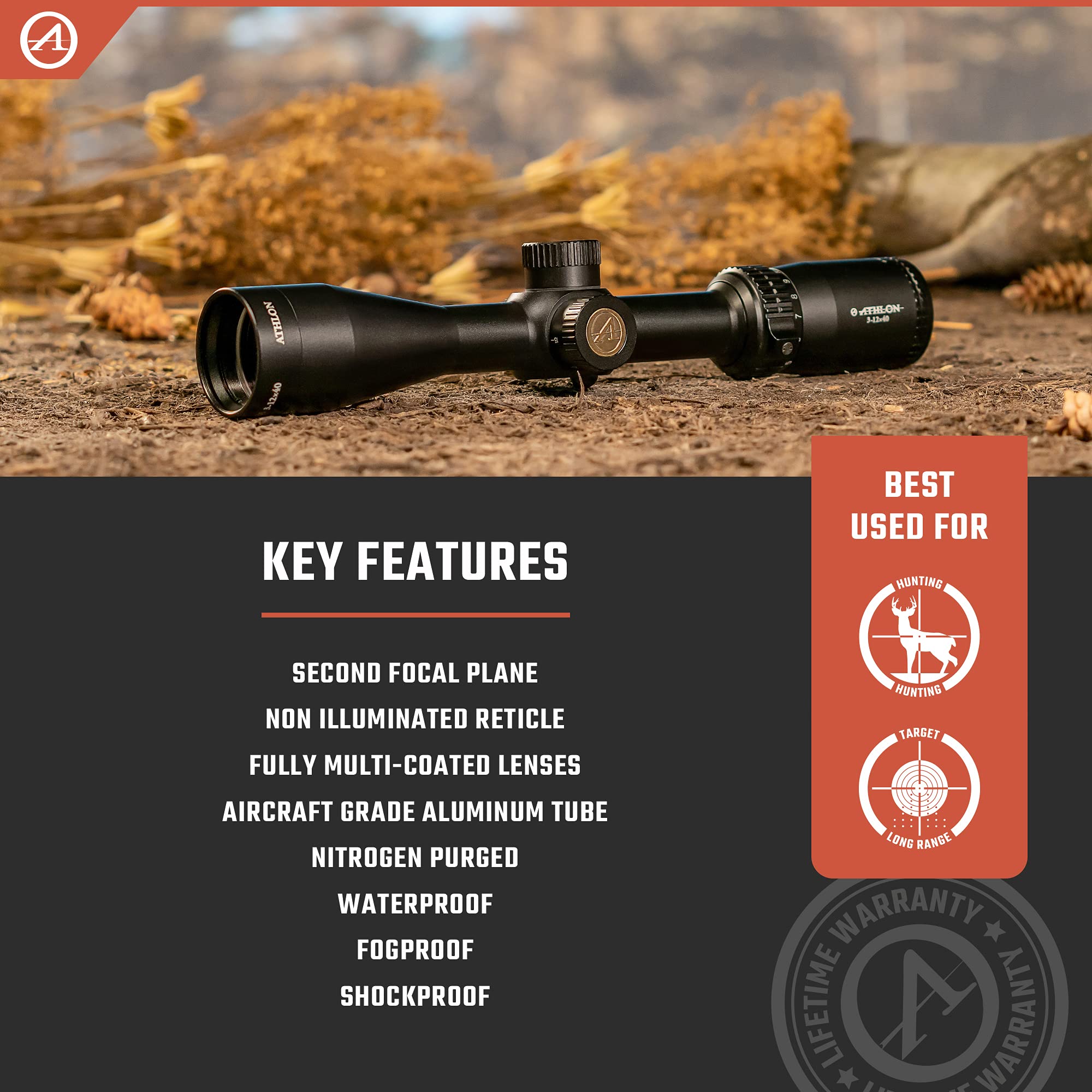 Athlon Optics , Talos , Riflescope , 3-12 x 40 Second Focal Plane (SFP) 1" Tube, MIL Dot Reticle , , Black