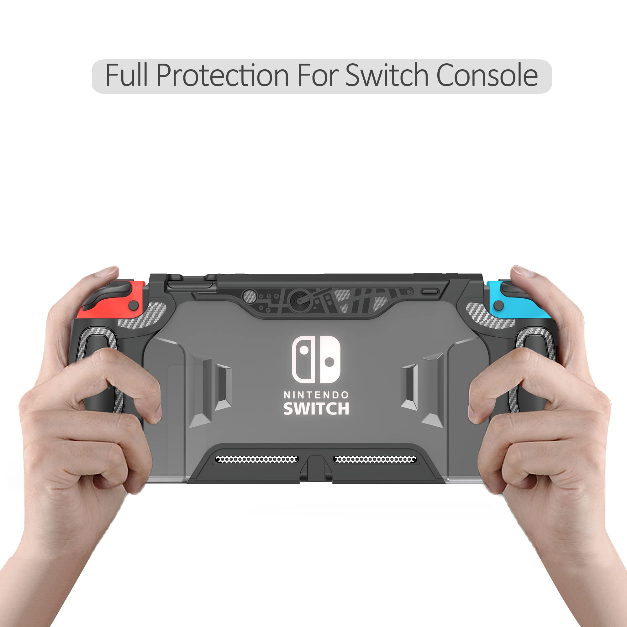 LEYUSMART Protector for Nintendso Switch, Slim Heavy Duty TPU Cover, Comfortable Grip with HD Tempered Glass Screen Protector & 2 Thumb Caps Black