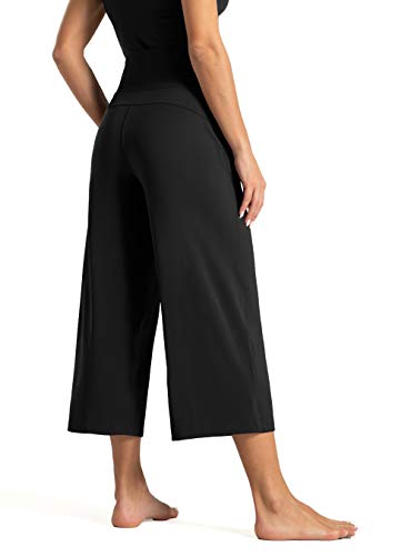 Tmustobe Womens Lounge Yoga Capris Pants Bootleg Tummy Control High Waist Workout Flare Crop Pants with Pockets (Black, Large)
