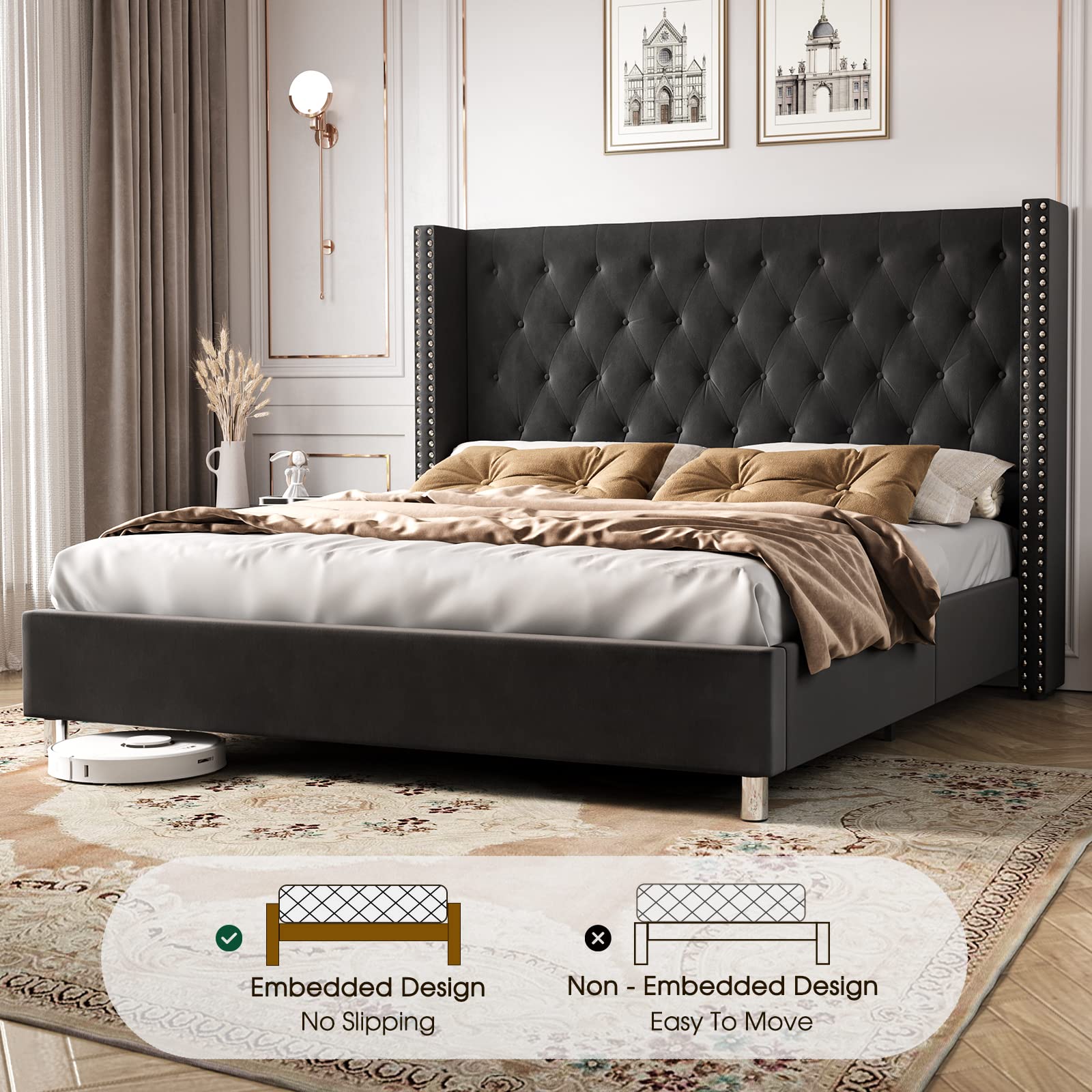 PaPaJet King Bed Frame Upholstered Bed Velvet Low Profile Platform Bed with Raised Wingback Headboard/No Box Spring Needed/Easy Assembly/Cream