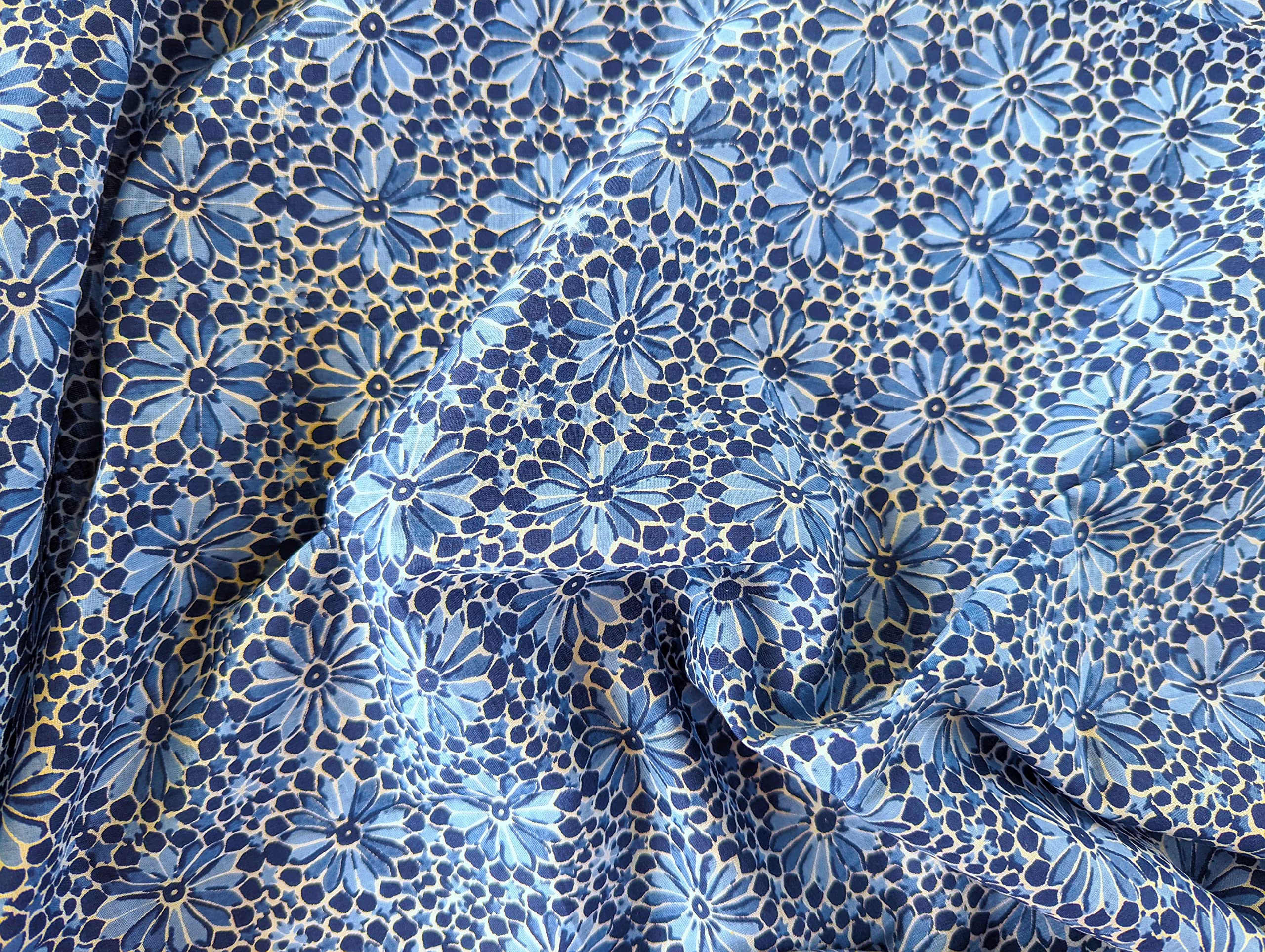 AVKA Studio Hand Block Print Fabric by The Yard - PRECUT 3 Yard 42 Inch Width - 100% Cotton Material - Indigo Blue & White Floral Pattern - Light Weight Indian Cloth for Making Summer Dress Project