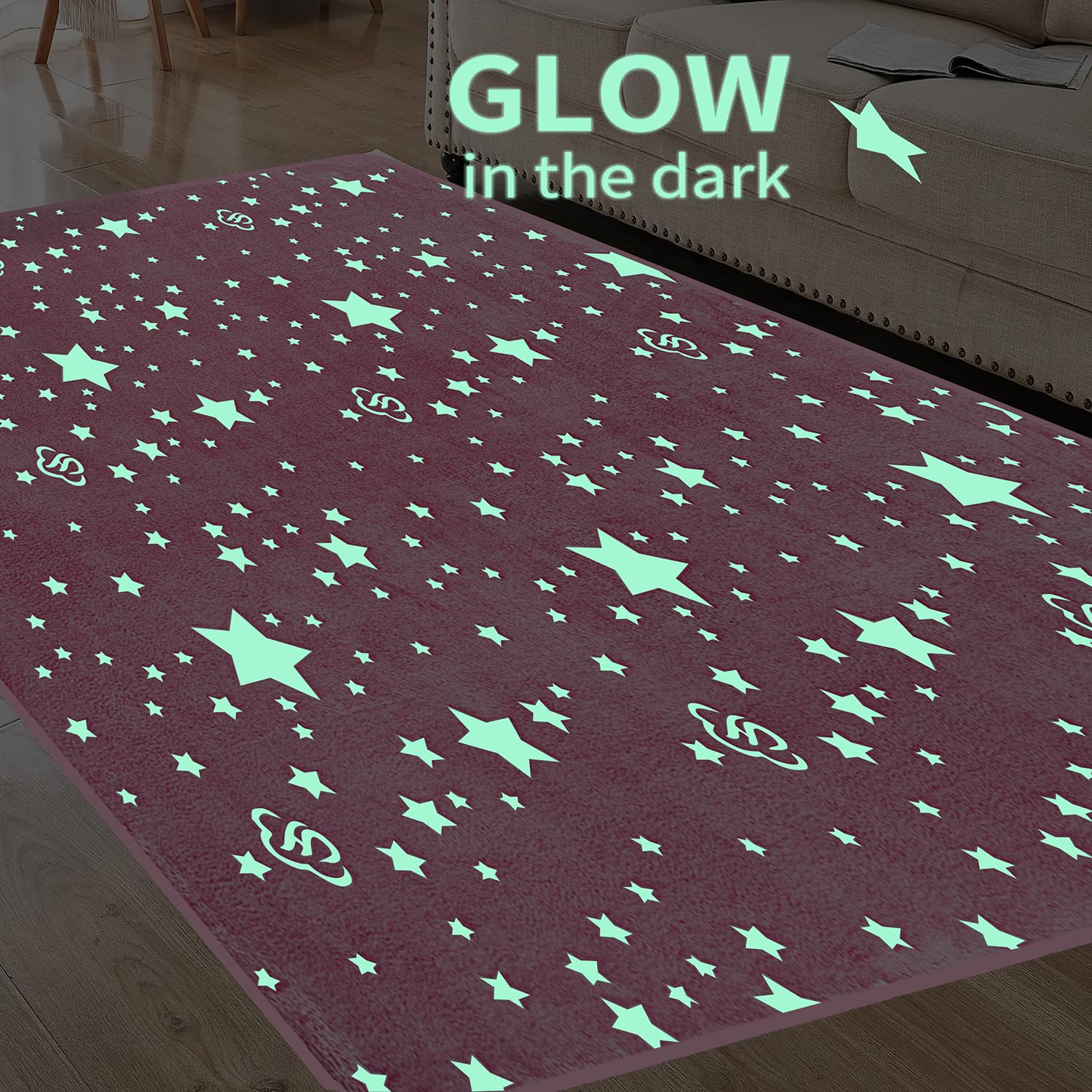 Large Area Rug Carpet Glowing in The Dark Pink Star 5'x4' for Children Room Decor Funny for Babyroom and Living Room Rectangular Mat for Kids Bedroom