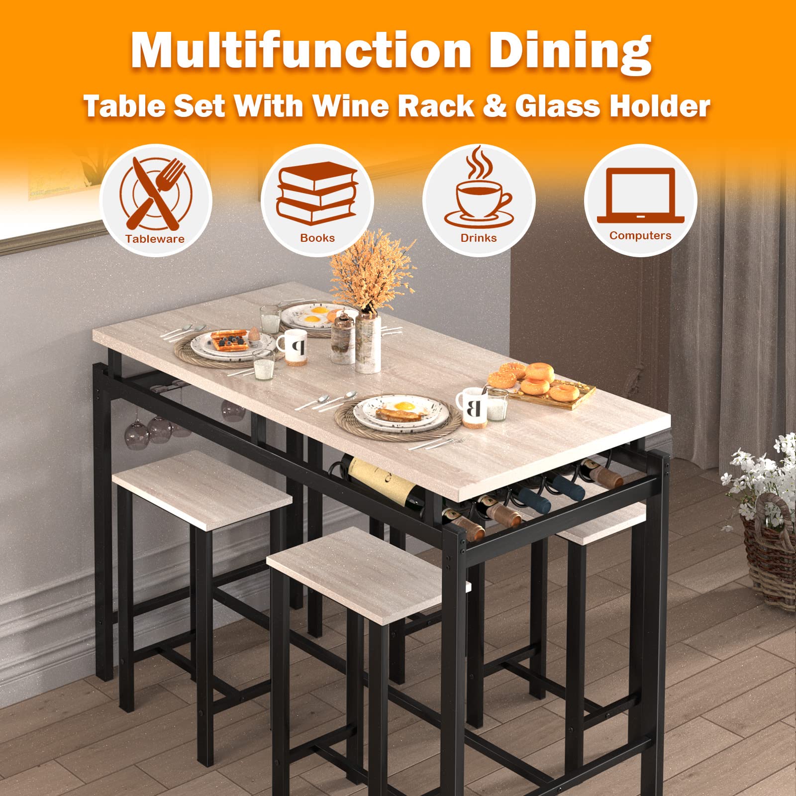basenji Dining Table Set for 4, 5 Piece Kitchen Table and Chairs with Wine Rack and Glass Holder, Bar Table and Chairs Set Space Saving for Pub Breakfast (Oak Wine Rack)