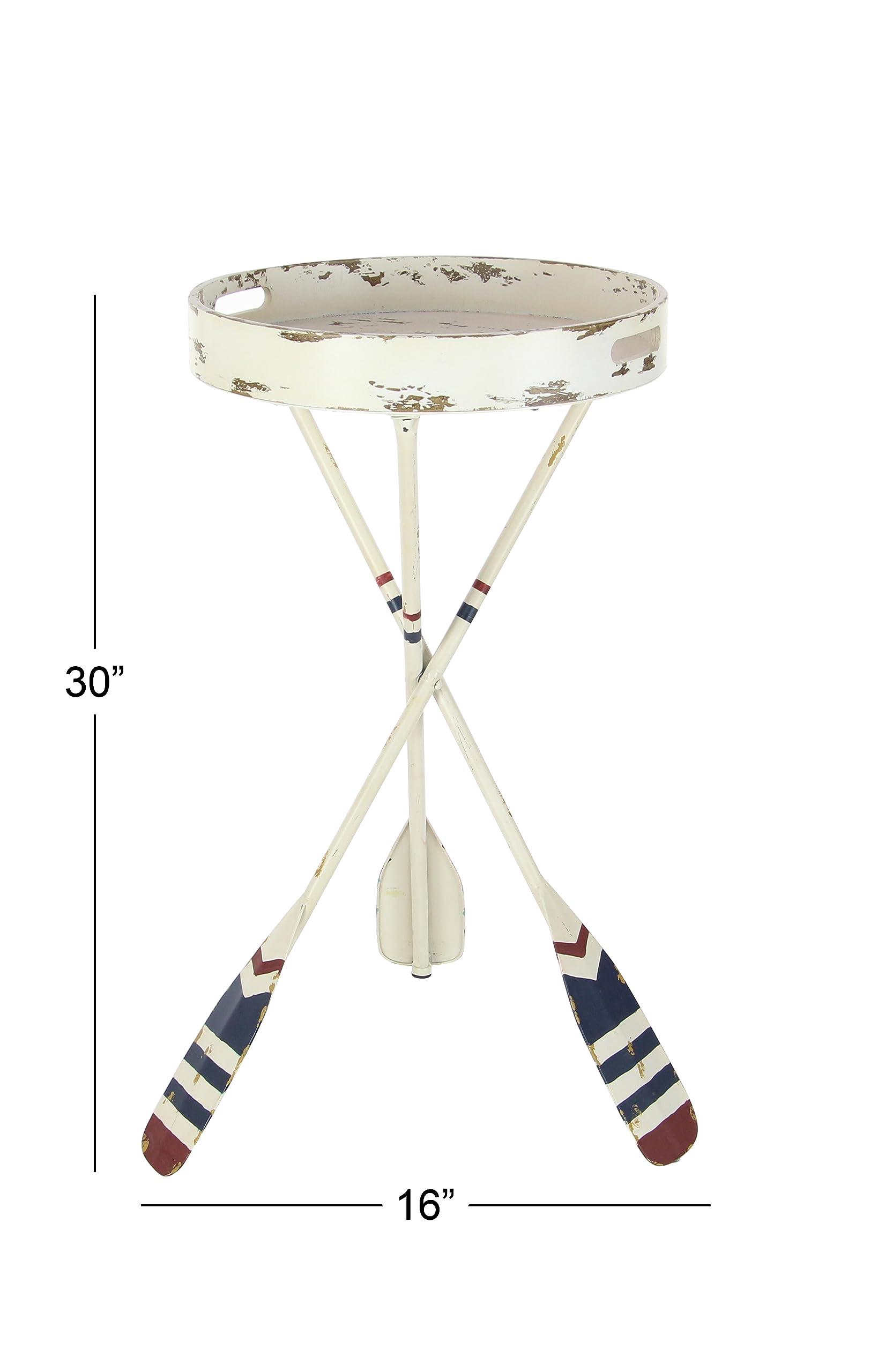 Deco 79 Metal Paddle Side End Accent Table Distressed Striped End Table with Navy and Red Striped Oar Legs, Side Table 16" x 16" x 28", White
