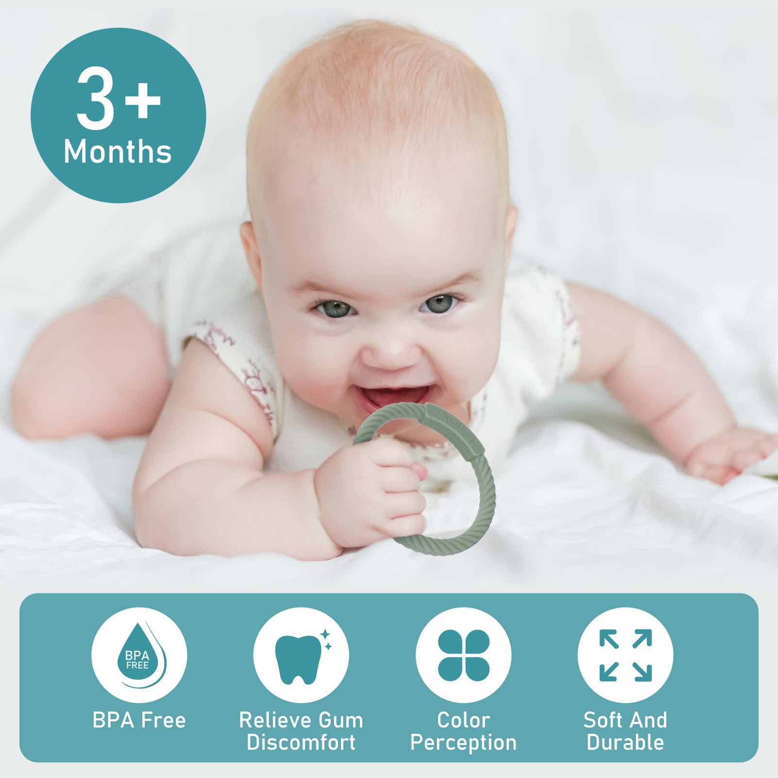 Baby Teething Rings,Baby teether Toys, Soft Silicone Teether Bracelets for 3+Month Babies,Wearable as Mom Bracelets,Baby chew Toys,BPA Free,4 Pack (Ether+Sage+Muted+Apricot)