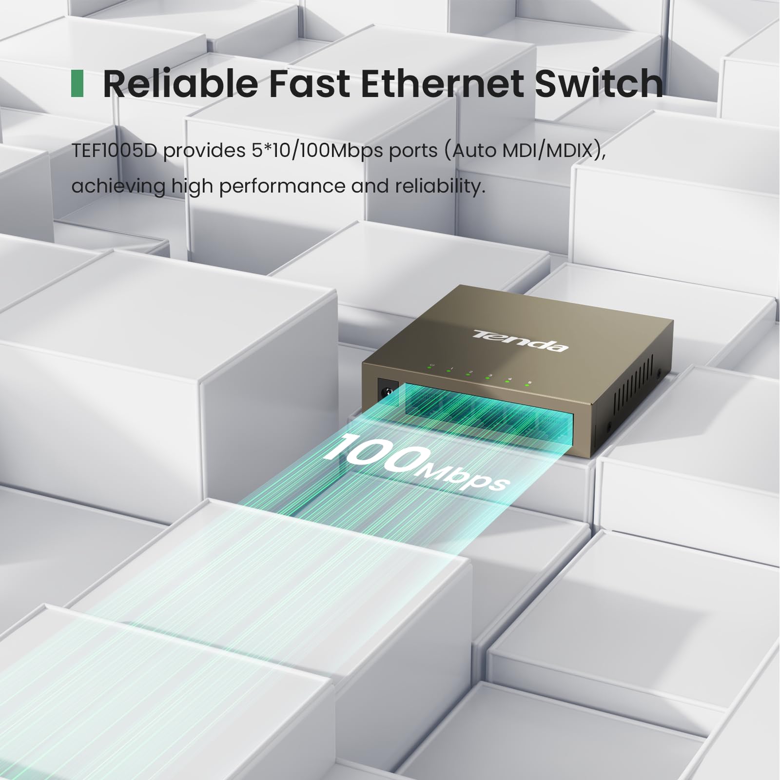 Tenda TEF1005D, 5-Port 10/100Mbps Fast Ethernet Unmanaged Switch, Network Hub, Ethernet Splitter, Plug & Play, Fanless Metal Design, Desktop or Wall Mount, Limited Lifetime Protection