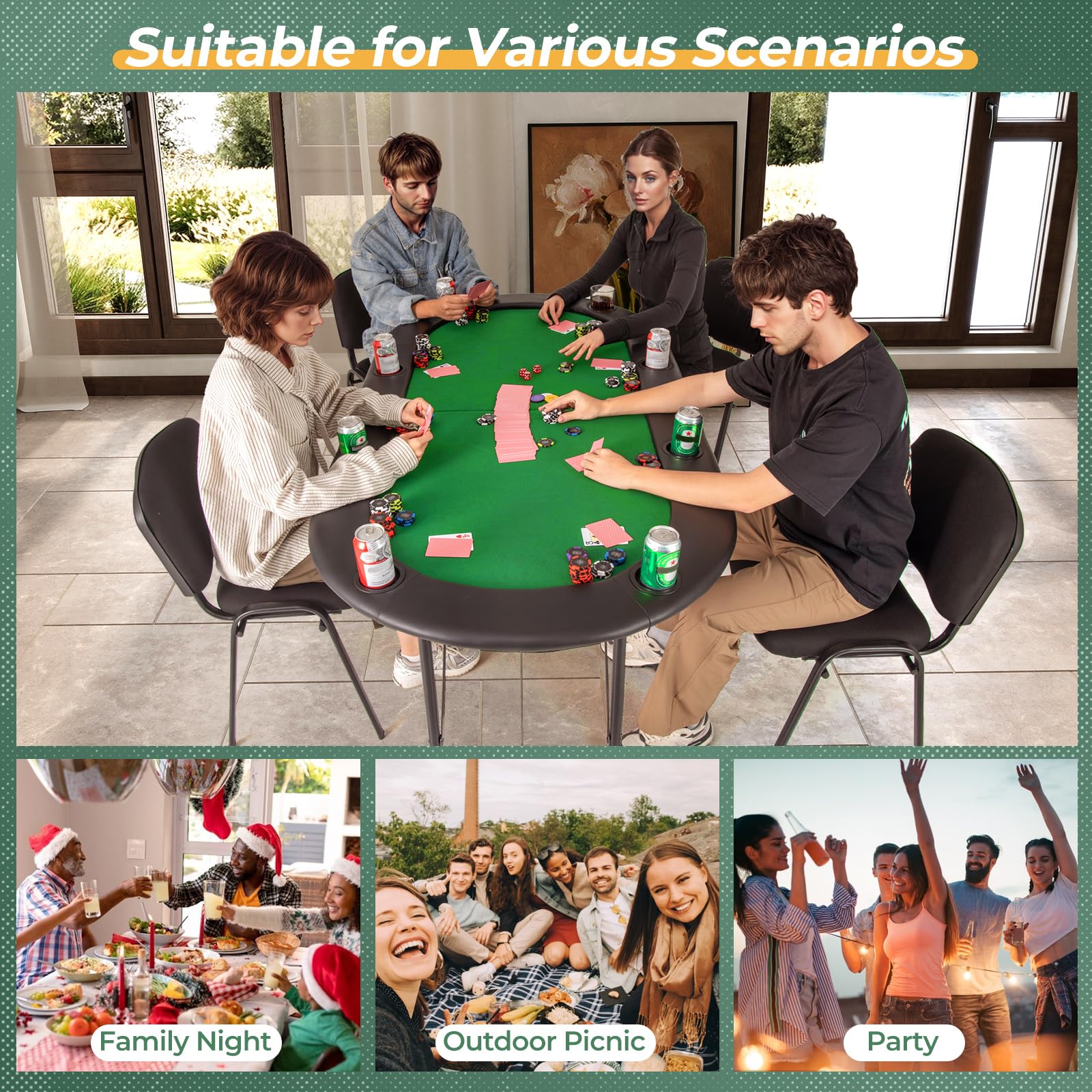 Giantex 8 Player Poker Table Foldable, Folding Card Board Game Table w/8 Cup Holders & Comfy Armrests, Casino Grade Felt, Portable Oval Texas Holdem Blackjack Poker Tables, No Assemble Required