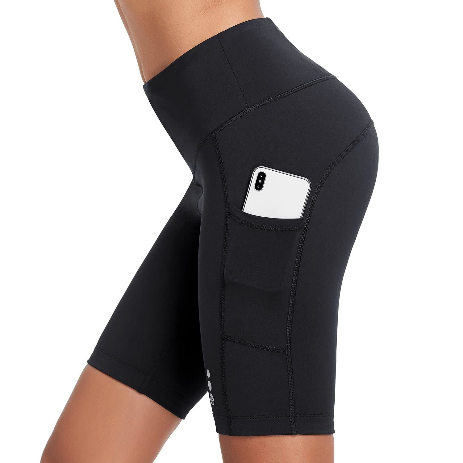 BALEAF Women's 9" Biker Shorts High Waisted Long Compression Running Workout Shorts Side Pockets UPF50+ Black L