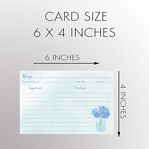 Recipe Cards 4x6 Double Sided 24 Count Hydrangea Mason Jar Blue Bridal Shower Gift Floral Wedding Gift Housewarming (24 Count)