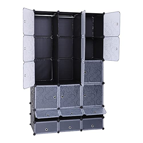 Cffuvros 18-Cube DIY Plastic Closet Cabinet, Storage Cube Organizer with Doors and Clothes Rod, Stackable Closet Shelf for Bedroom, Plastic Space Saver for Home, Living Room, Office