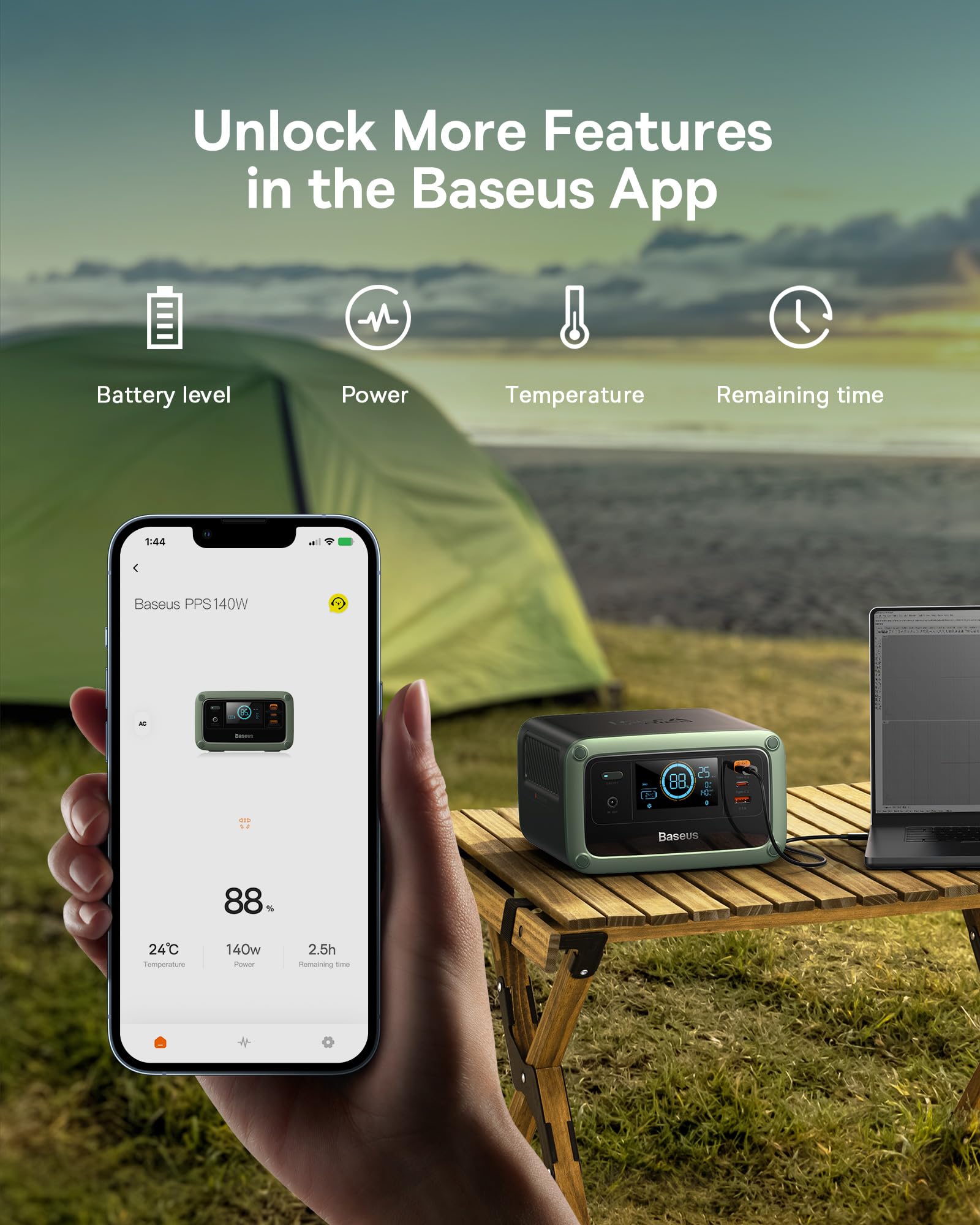 Baseus Laptop Power Bank 140W - 48,000mAh 6-Port Portable Power Station with 2 AC Outlets, Smart Digital Display, LED Light, LiFePO4 Backup Battery Pack for MacBook, Dell, Travel, Outdoor Camping