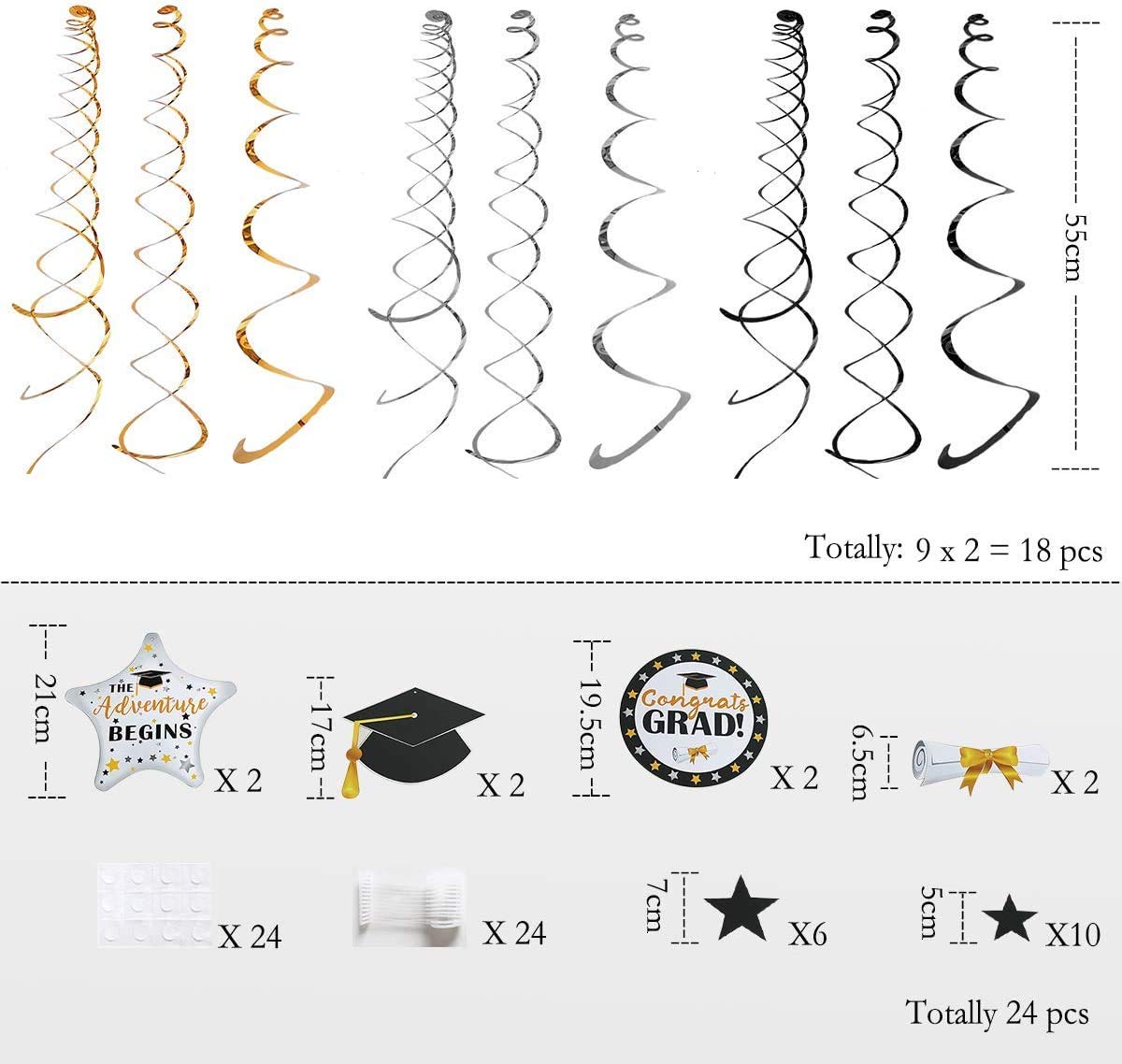 Decor365 Gold Black Silver Graduation Decorations Hanging Swirls Congrats Grad Banner Black Graduation Cap Stars Adventure Begins Dangling Home Classroom Decor for High School/College/University