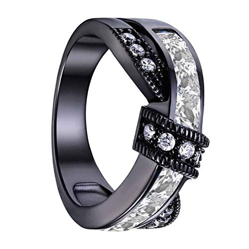 Black Stainless Steel Princess Cut Clear CZ Criss Cross Rings Engagement Ring For Women Crossover w Engraving size 6