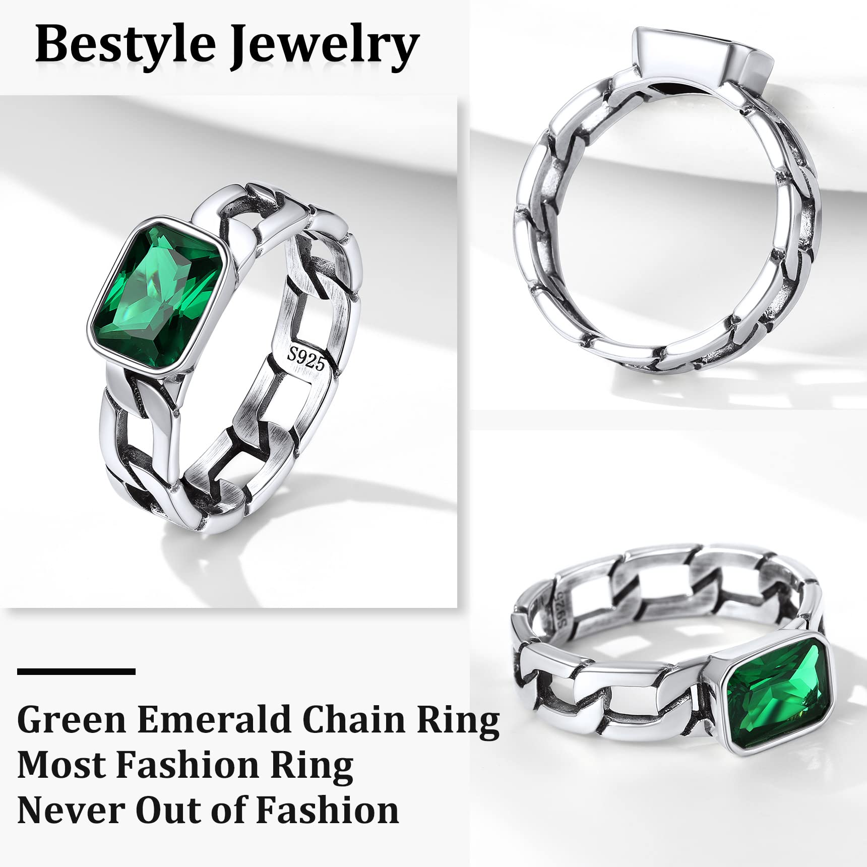Bestyle Sterling Silver Emerald Ring Chunky Thick Cuban Link Chain Ring, Cubic Zirconia Promise Engagement Ring Couple Jewelry Gift for Girlfriend Wife, Size 10