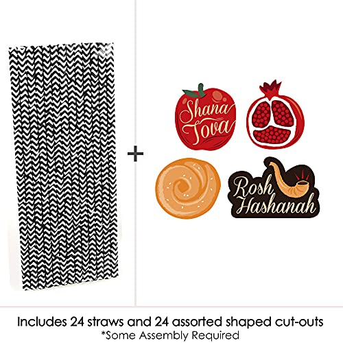 Big Dot of Happiness Rosh Hashanah - Paper Straw Decor - Jewish New Year Striped Decorative Straws - Set of 24