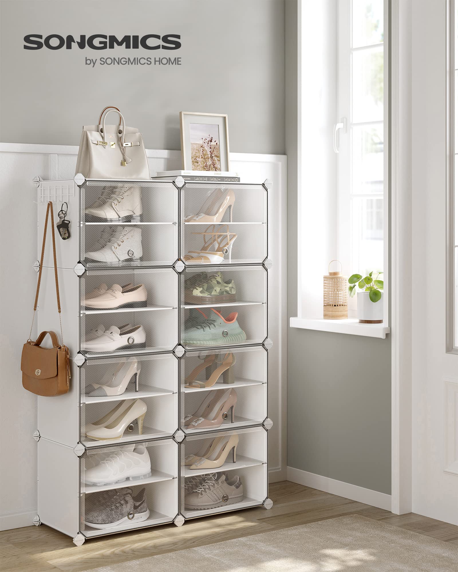 SONGMICS Shoe Rack, 8 Cubes Shoe Organizer with Doors, 32 Pair Plastic Shoe Storage Cabinet, for Bedroom, Entryway, Steel Frame, Plastic Panel, White ULPC034W01