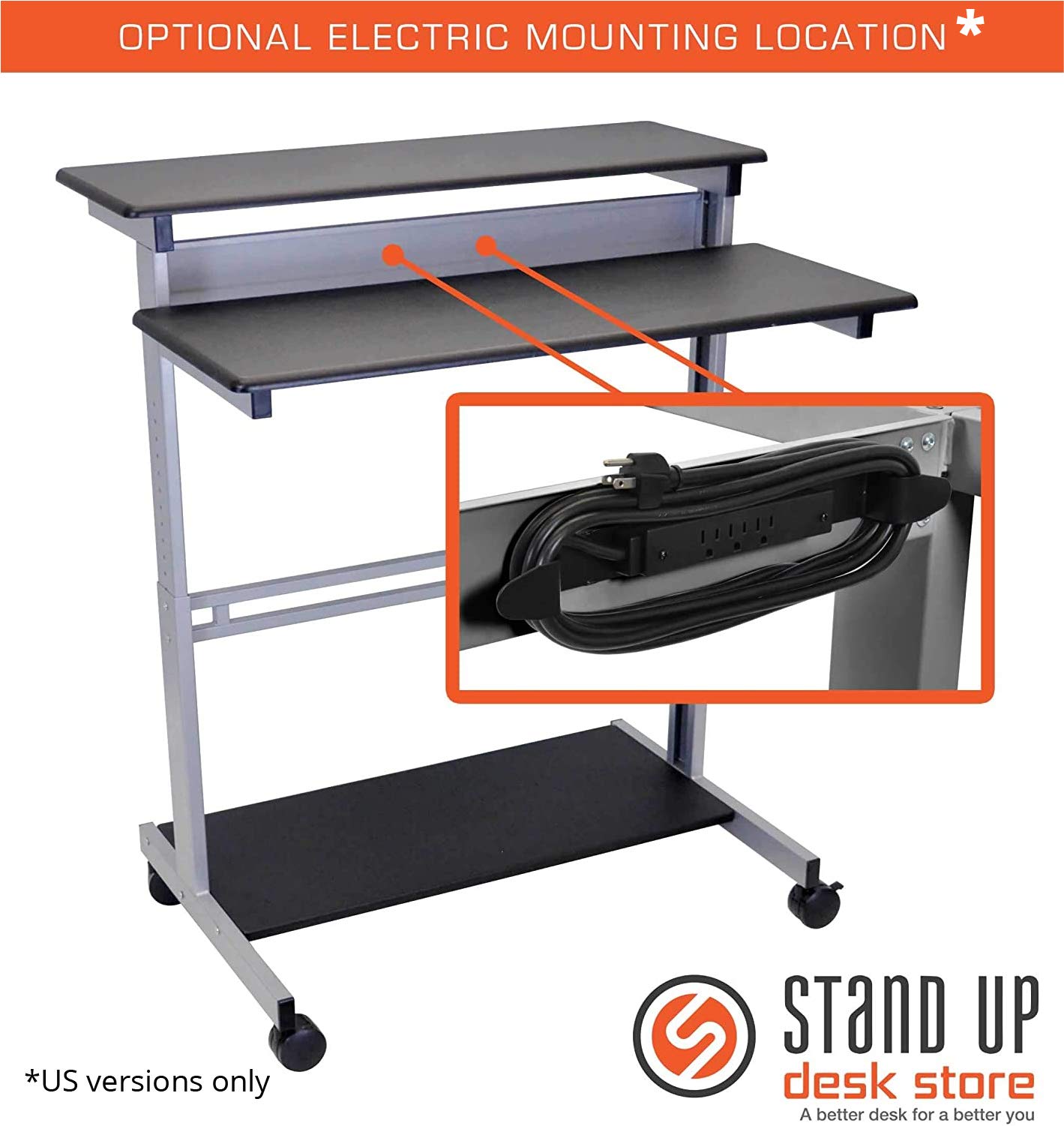 Stand Up Desk Store Rolling Adjustable Height Two Tier Standing Desk Computer Workstation (Silver Frame/Black Top, 40" Wide)