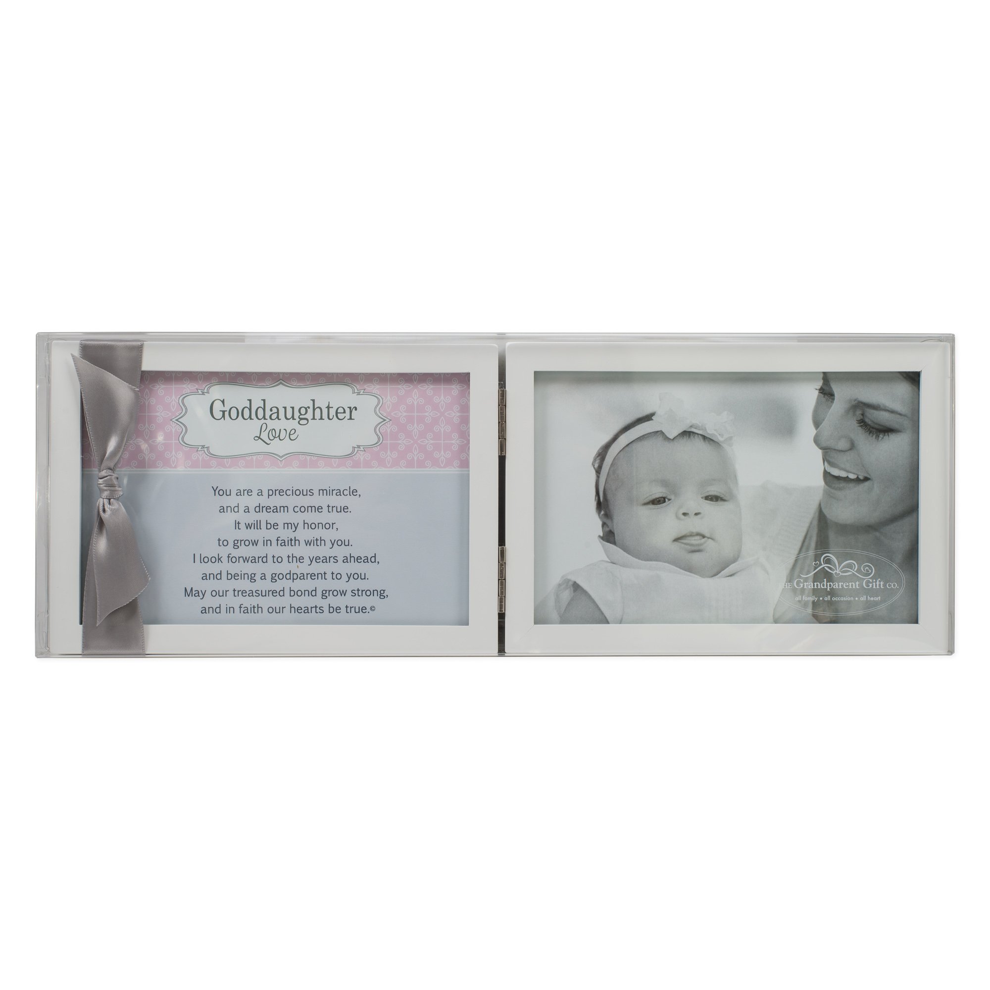 The Grandparent Gift Co. Goddaughter Love, Grow in Faith Poem White Double Hinged 4 x 6 Photo Frame with Ribbon