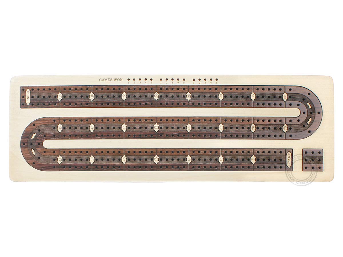 House of Cribbage - 3 Track Continuous Cribbage Board Inlaid in Rosewood - Maple Wood - Size: 12.5 Inches - Storage Drawer for Cribbage Pegs