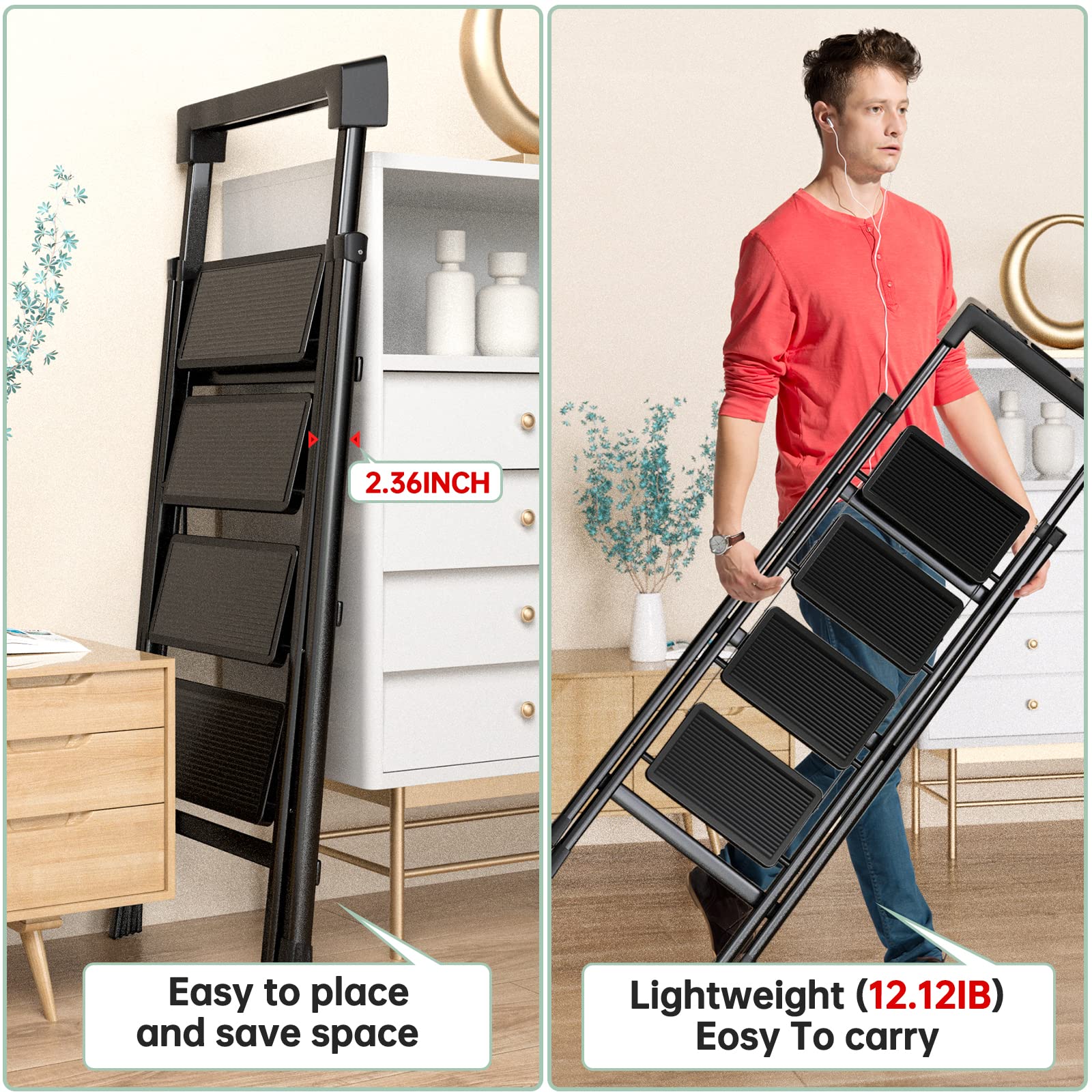 ZXMOTO 4 Step Ladder,Folding Step Stool with Tool Tray 300 lb Capacity, Sturdy Lightweight Aluminum, Portable Step Ladder Stool for Home, Library, Office, Garage
