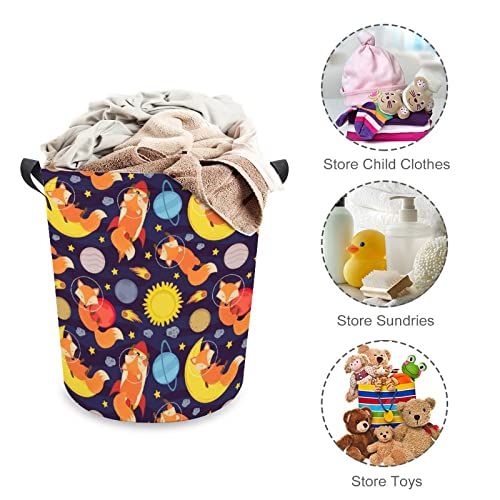Cute Fox in Space Laundry Hamper Round Canvas Fabric Baskets with Handles Waterproof Collapsible Washing Bin Clothes Bag