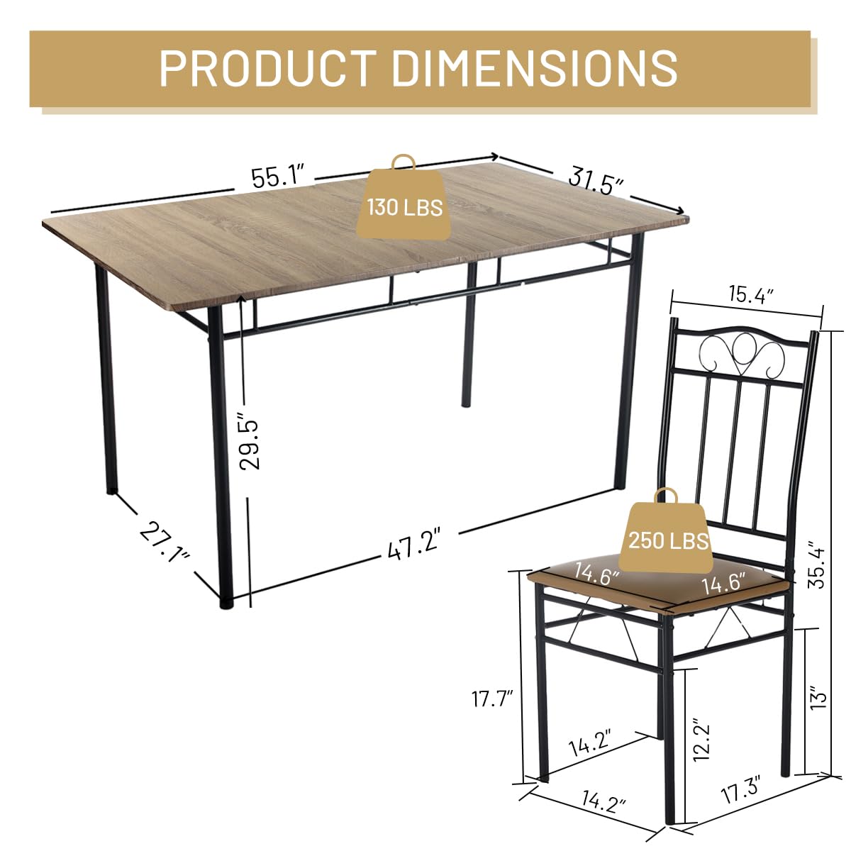 Dining Table Set for 6, Kitchen Table and Chairs for 4-6 People, 7 Piece Kitchen Table Sets, Rectangular Dining Room Table Set with 6 PU Leather Chairs, Beech/Brown