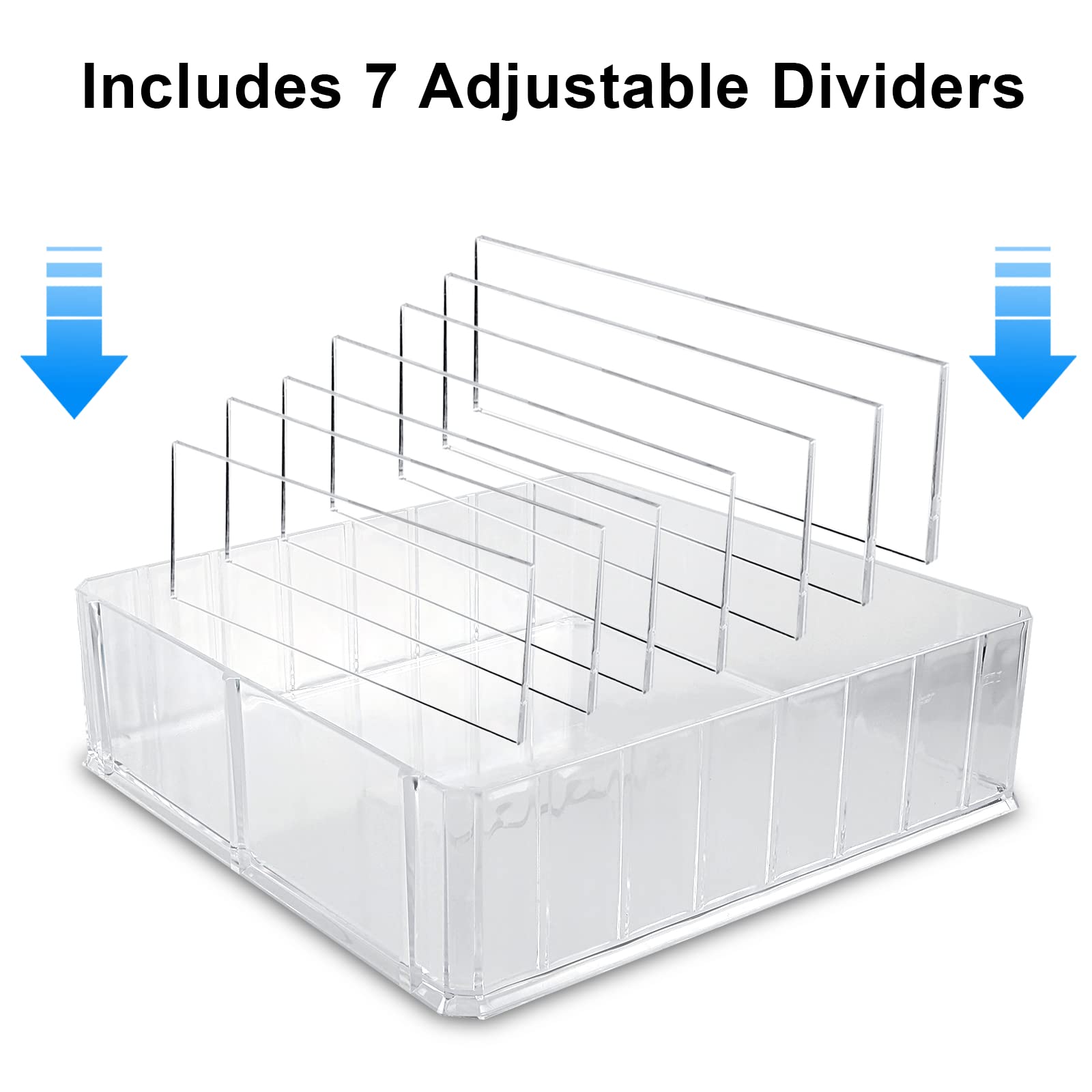 Bawuie Lid Organizer for Food Storage Container, Plastic Lid Holder with 7 Adjustable Dividers for Kitchen Pantry Cabinet and Drawer, Countertop Cupboard Lid Organization, Medium, Clear