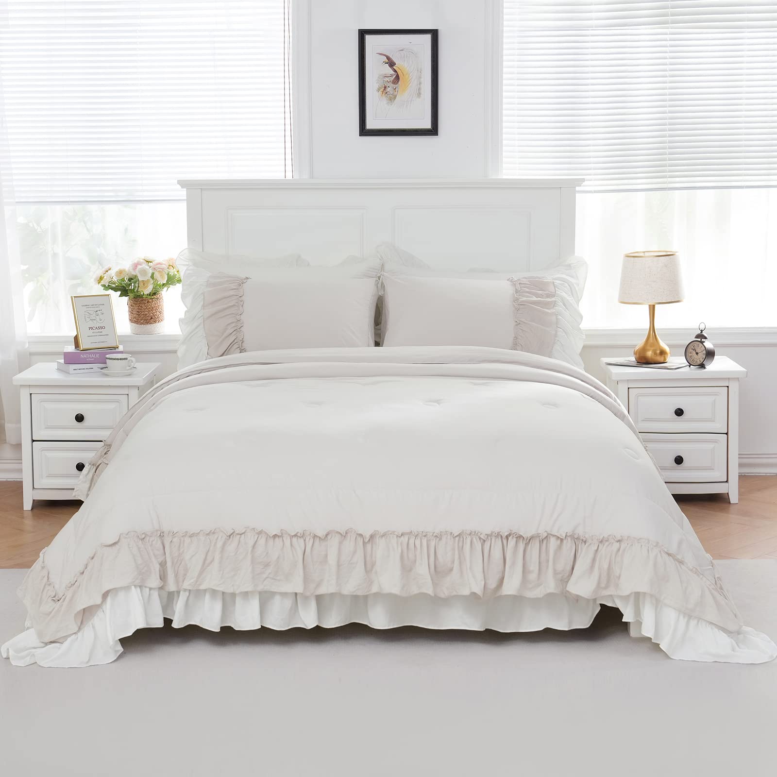 Boho Comforter Queen Shabby Chic Bedding Comforter Set 2 Layers Bohemian Ruffles Home Decor Farmhouse Comforter Cream Bed Comforter 1 Comforter 2 Pillowcases (Beige, Queen)…