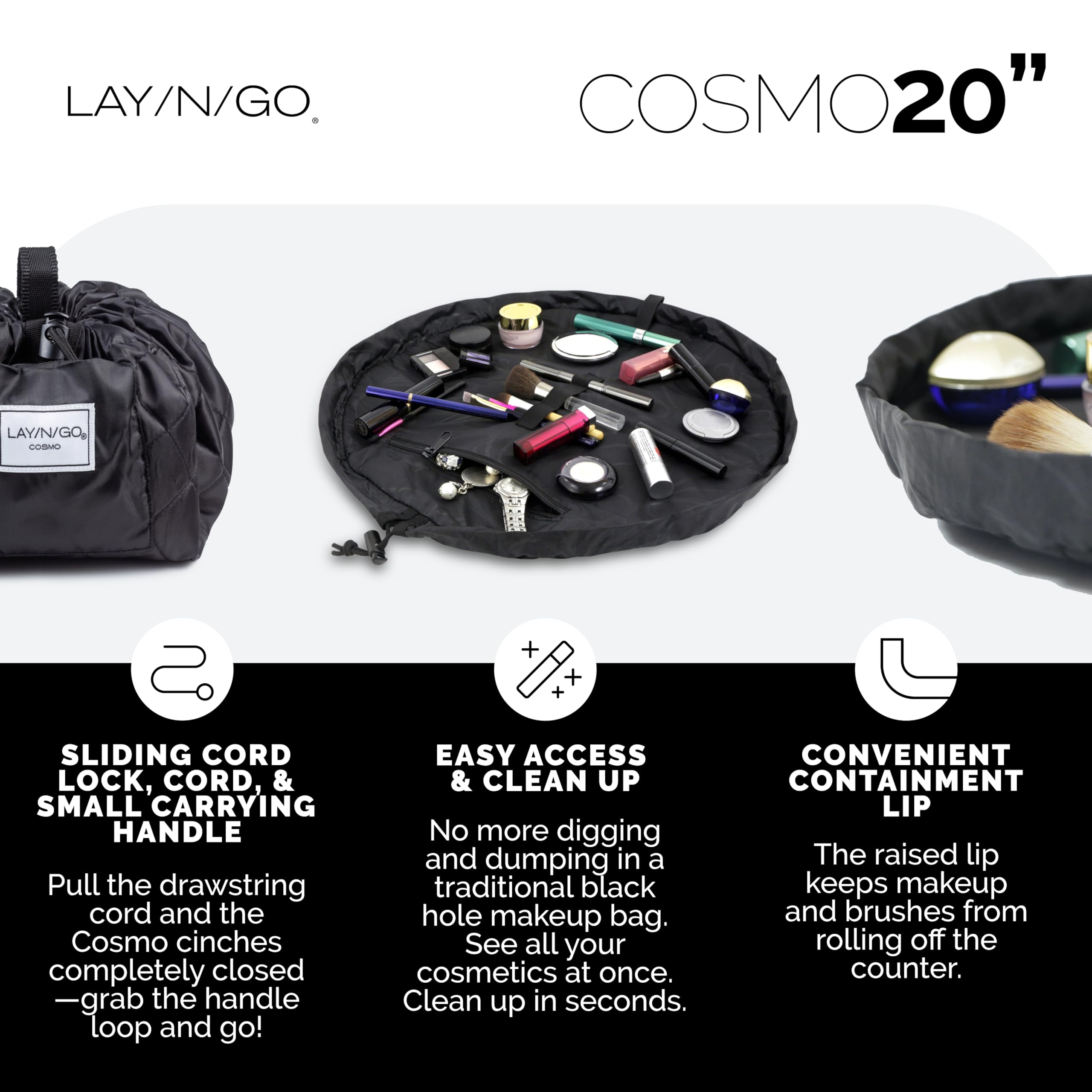 Lay-n-Go Cosmo Drawstring Cosmetic & Makeup Bag Organizer - Portable Drawstring Makeup Bag w/Zipper Pocket, Makeup Loops & More - Durable, Machine Washable Makeup Bag for Travel (20β, Black)