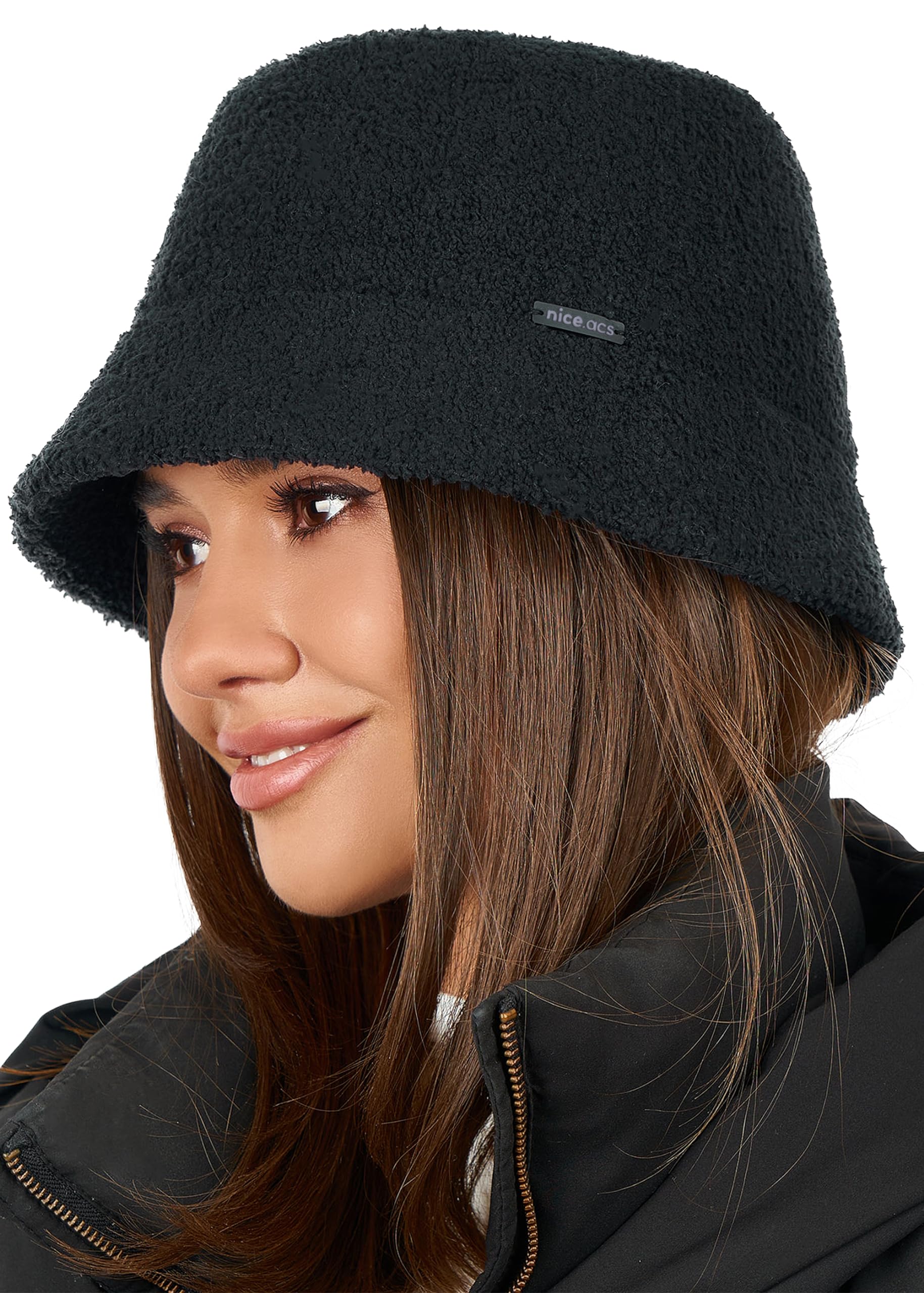 Black Fuzzy Bucket Hat for Women - Winter Faux Fur Bucket Hat - Fluffy Sherpa Bucket Hats for Women
