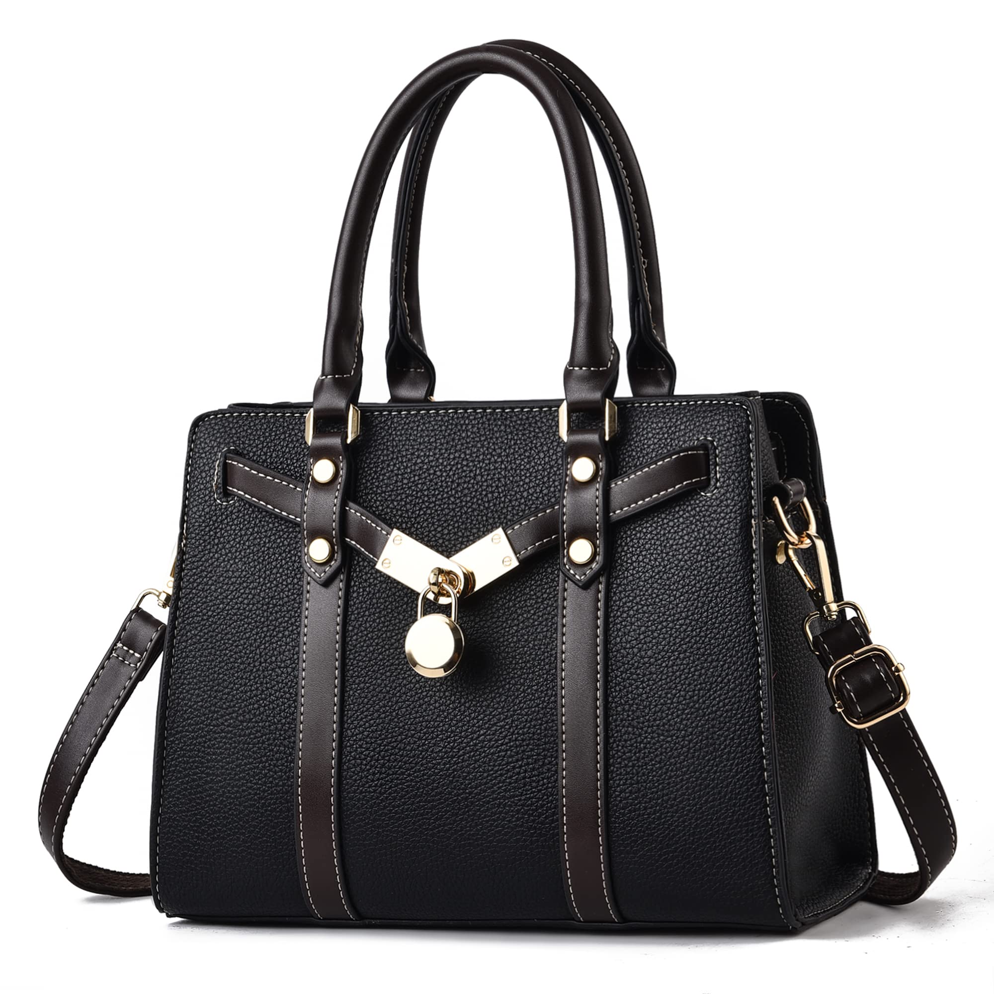Black Vegan Leather Satchel Purses and Handbags for Women Top-Handle Tote Bag with Crossbody Strap