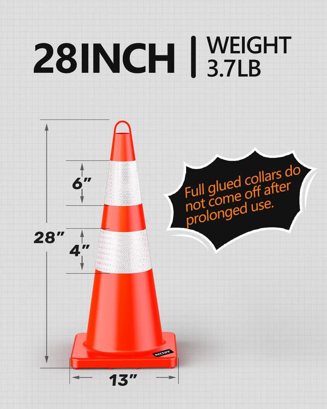 BATTIFE 12Pack Traffic Safety Cones 28 inches with Reflective Collars, PVC Orange Construction Cone for Traffic Control, Driveway Road Parking