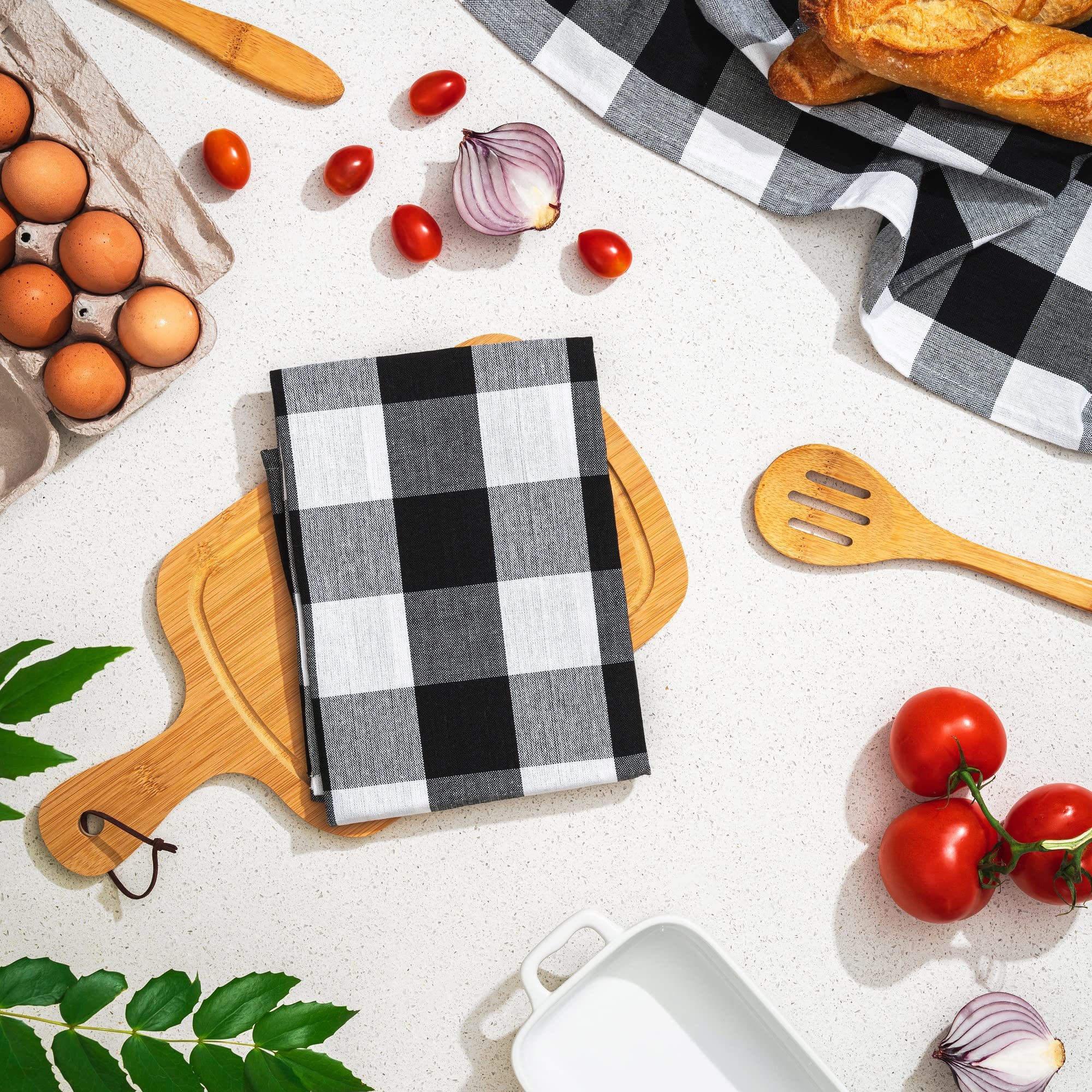 Black and White Buffalo Plaid Kitchen Towels - Set of 6 Highly Absorbent, 100% Cotton, Lint-Free Kitchen Towels with Hanging Loop - Use as Kitchen Towels, Hand Towels, or Dish Towels (6 Pack)